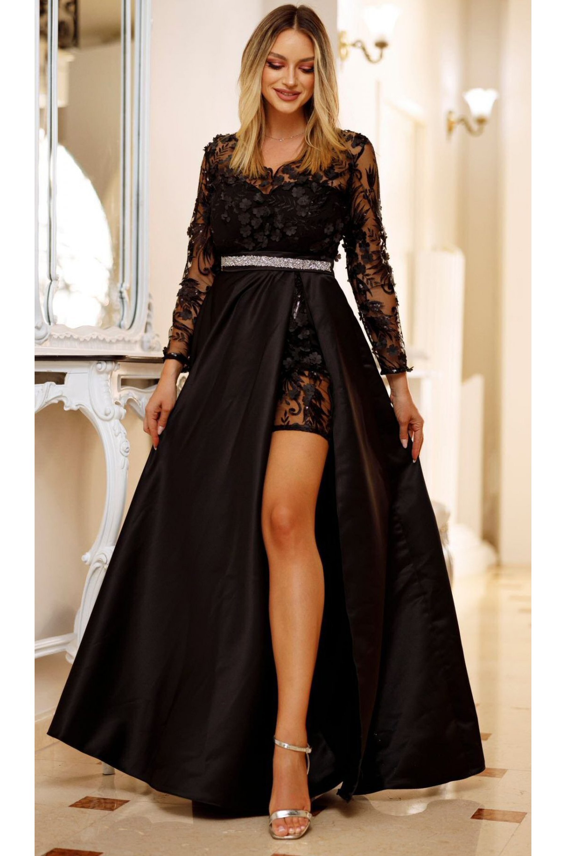 Rochie lunga din tafta neagra cu dantela 3D si maneci lungi Anysia ...