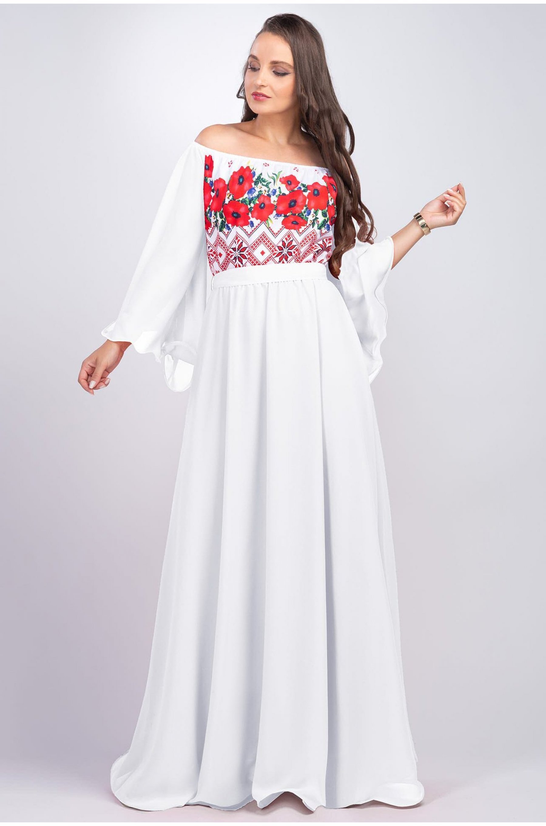 Rochie lunga cu motive traditionale alba cu maci rosii din voal ...