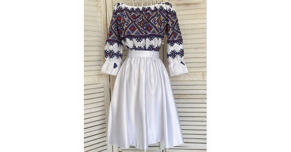 Rochie traditonala midi, din tafta alba, cu maneca lunga, Alessa ...