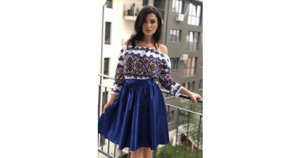 Rochie traditonala midi, din tafta albastra, cu maneca lunga, Alessa ...