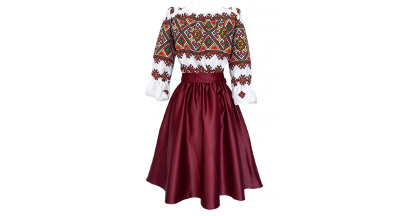 Rochie traditonala midi, din tafta burgundy, cu maneca lunga, Alessa ...