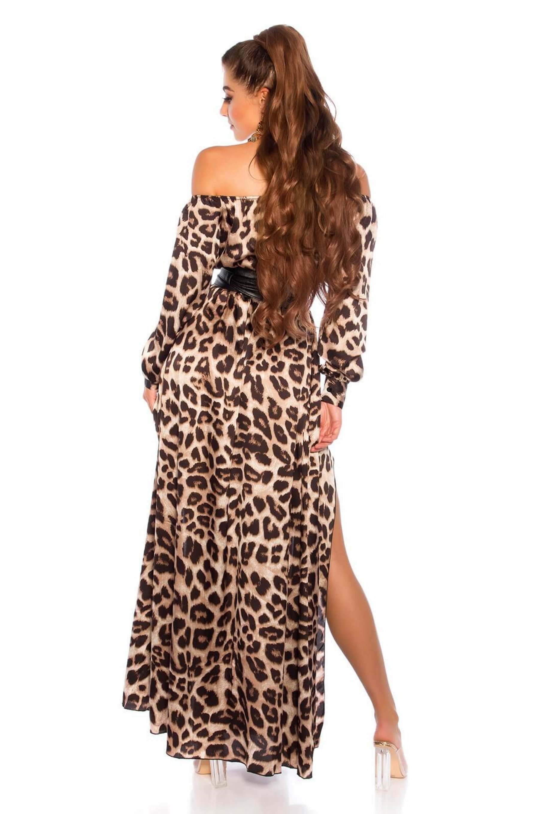 Rochie eleganta lunga satin animal print leopard Gul - JojoFashion.ro