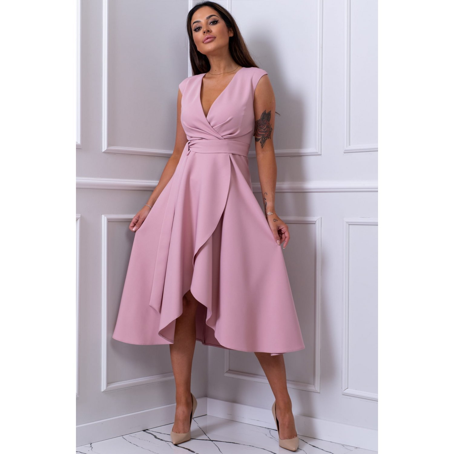 Rochie midi roz pudra petrecuta asimetrica Greta2 - JojoFashion.ro