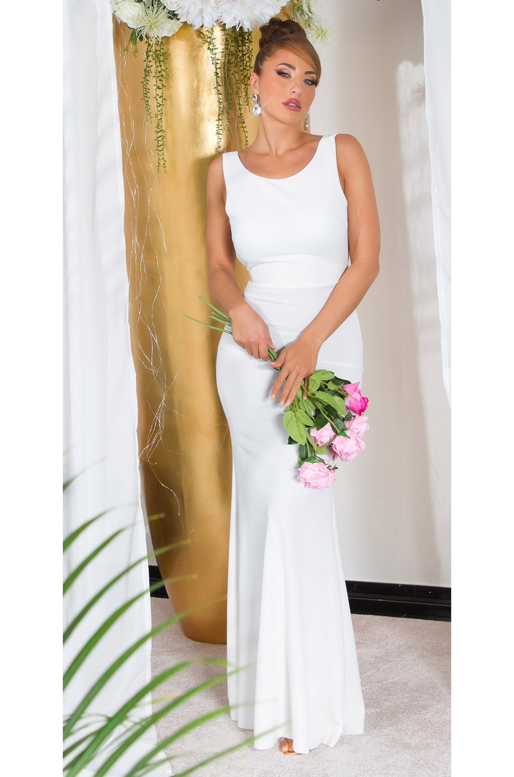 Rochie lunga alba tip sirena cu spatele gol Lace - JojoFashion.ro