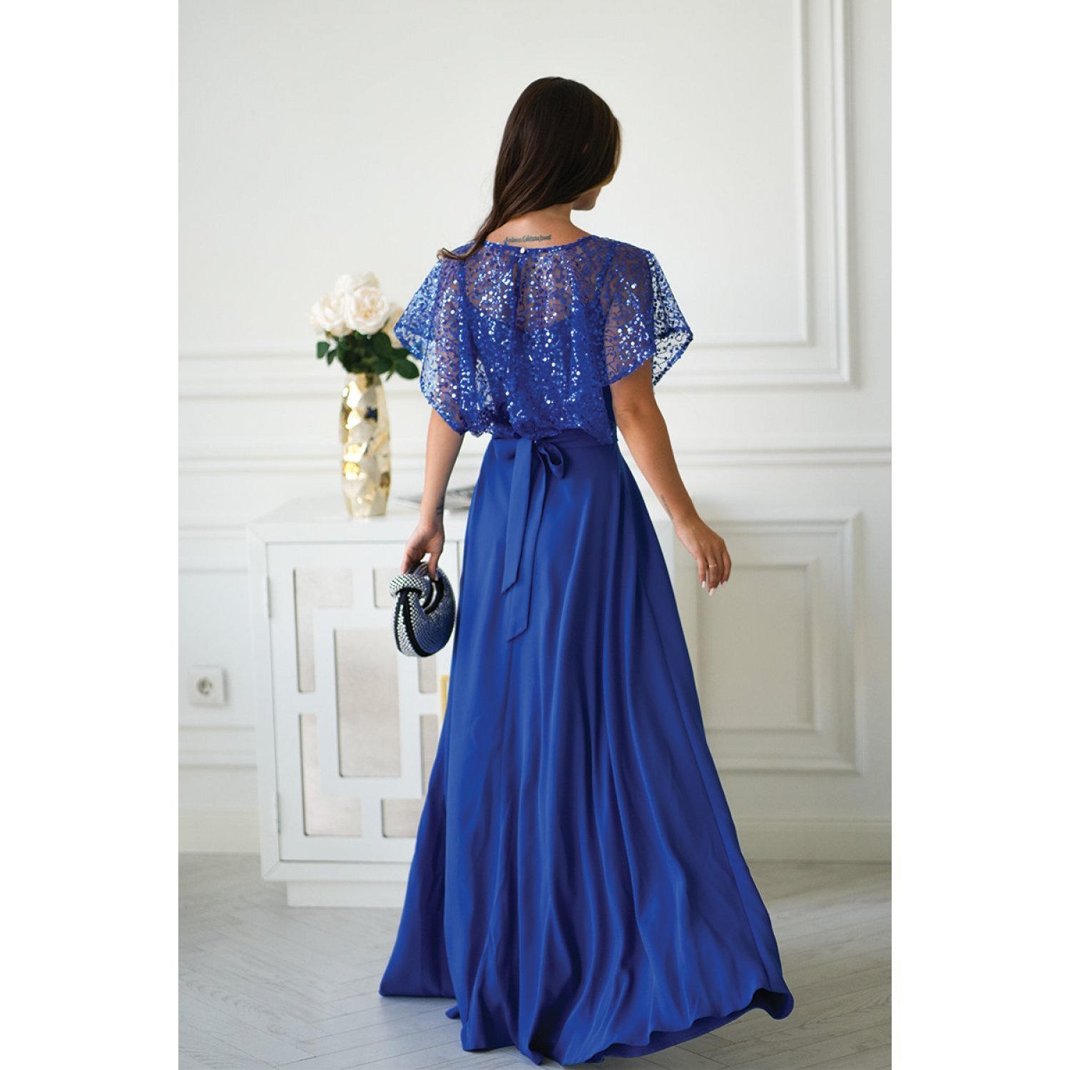 Rochie eleganta lunga albastra cu paiete pe bust vaporoasa Azaliya ...