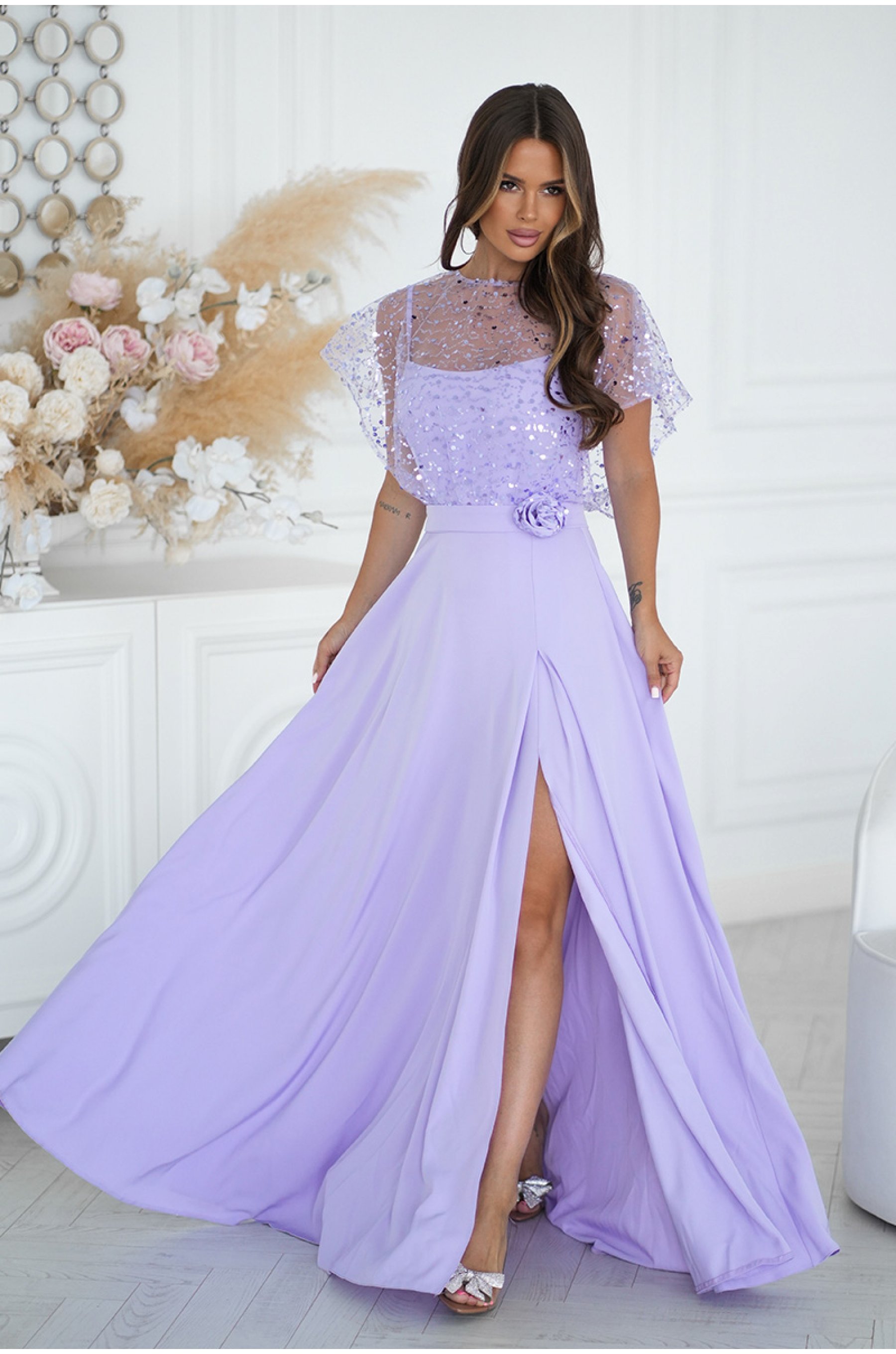 Rochie eleganta lunga lila cu paiete vaporoasa Azaliya - JojoFashion.ro