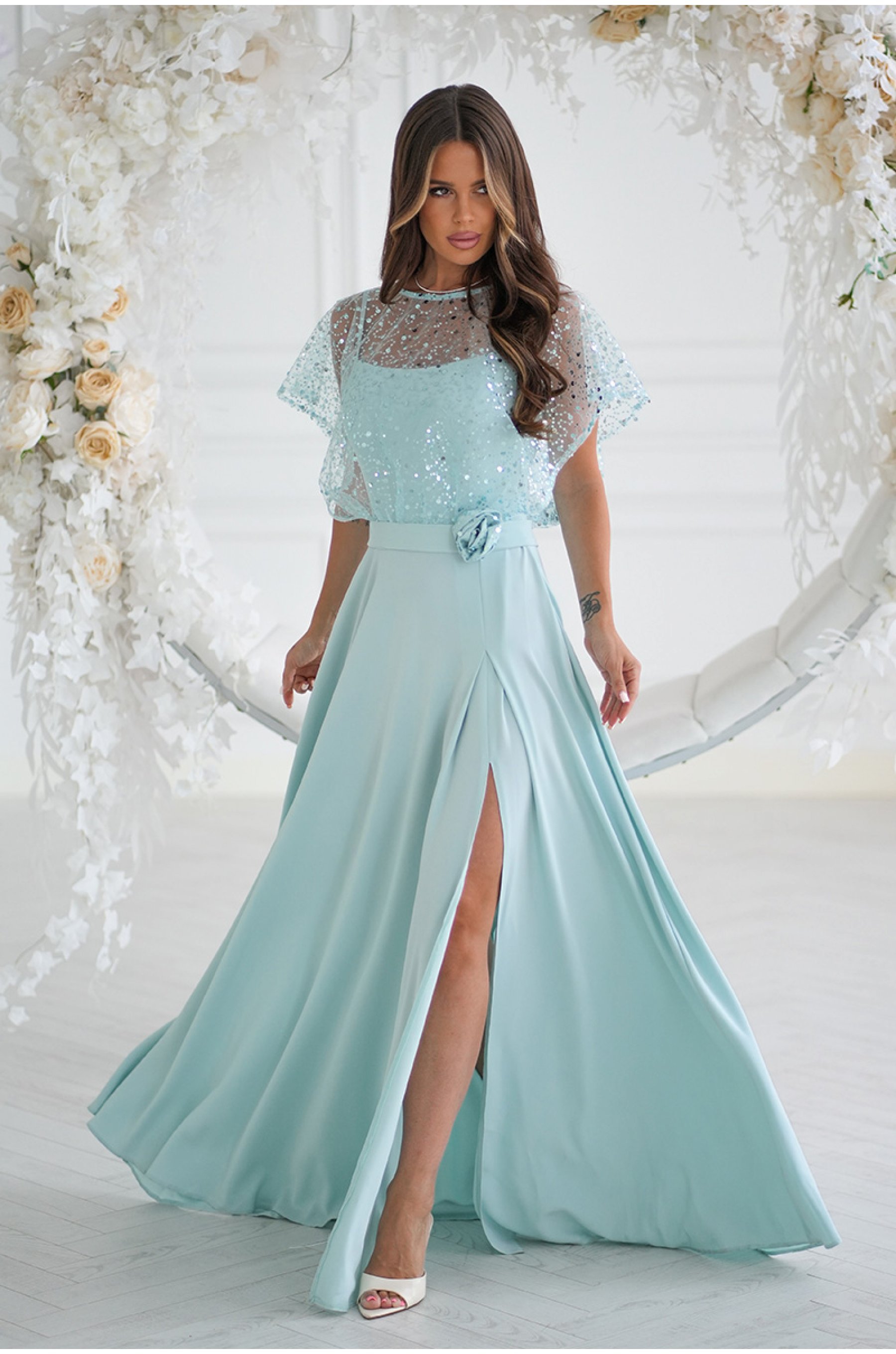 Rochie eleganta lunga menta cu paiete vaporoasa Azaliya - JojoFashion.ro