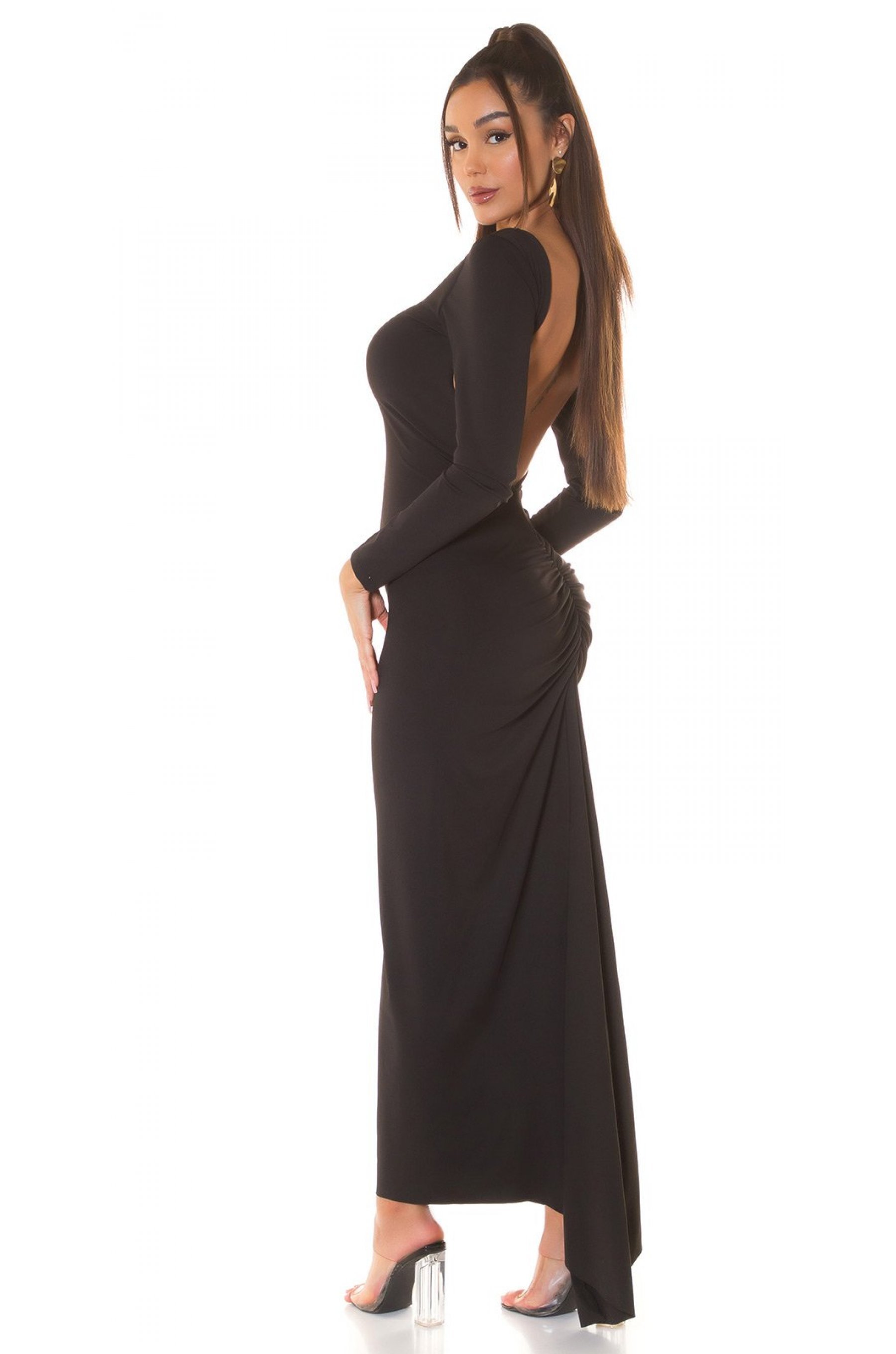 Rochie eleganta lunga, mulata, neagra, tip sirena, cu maneca lunga si ...