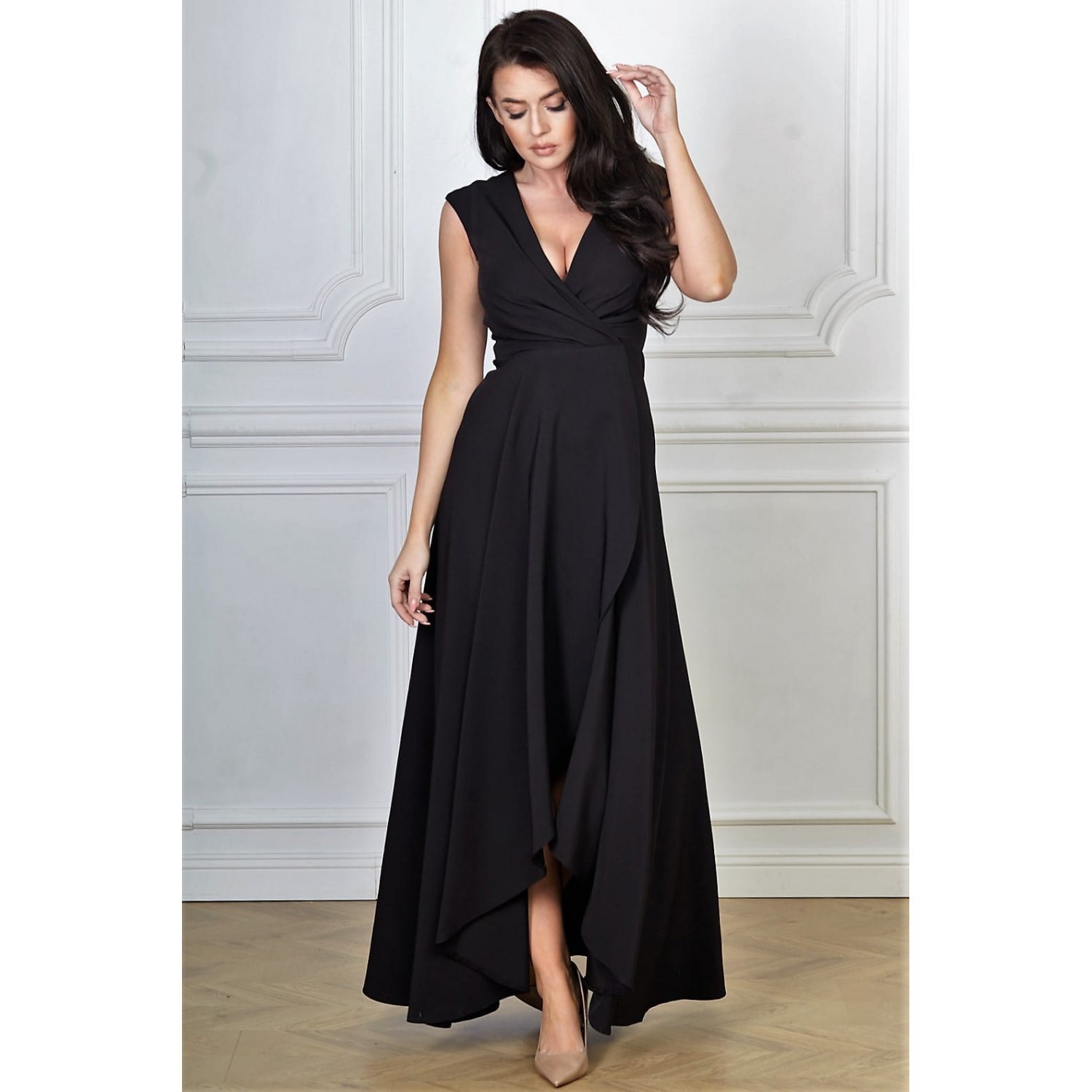Rochie lunga neagra petrecuta asimetrica Gracia2 - JojoFashion.ro