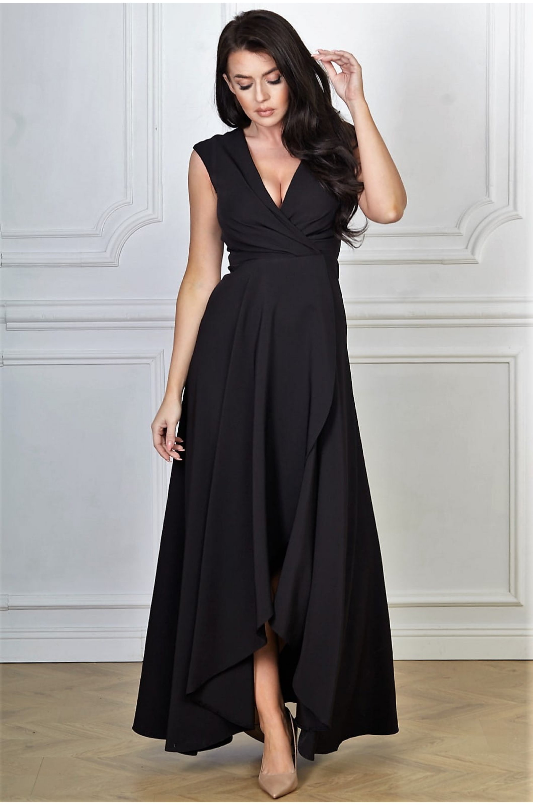 Rochie lunga neagra petrecuta asimetrica Gracia2 - JojoFashion.ro