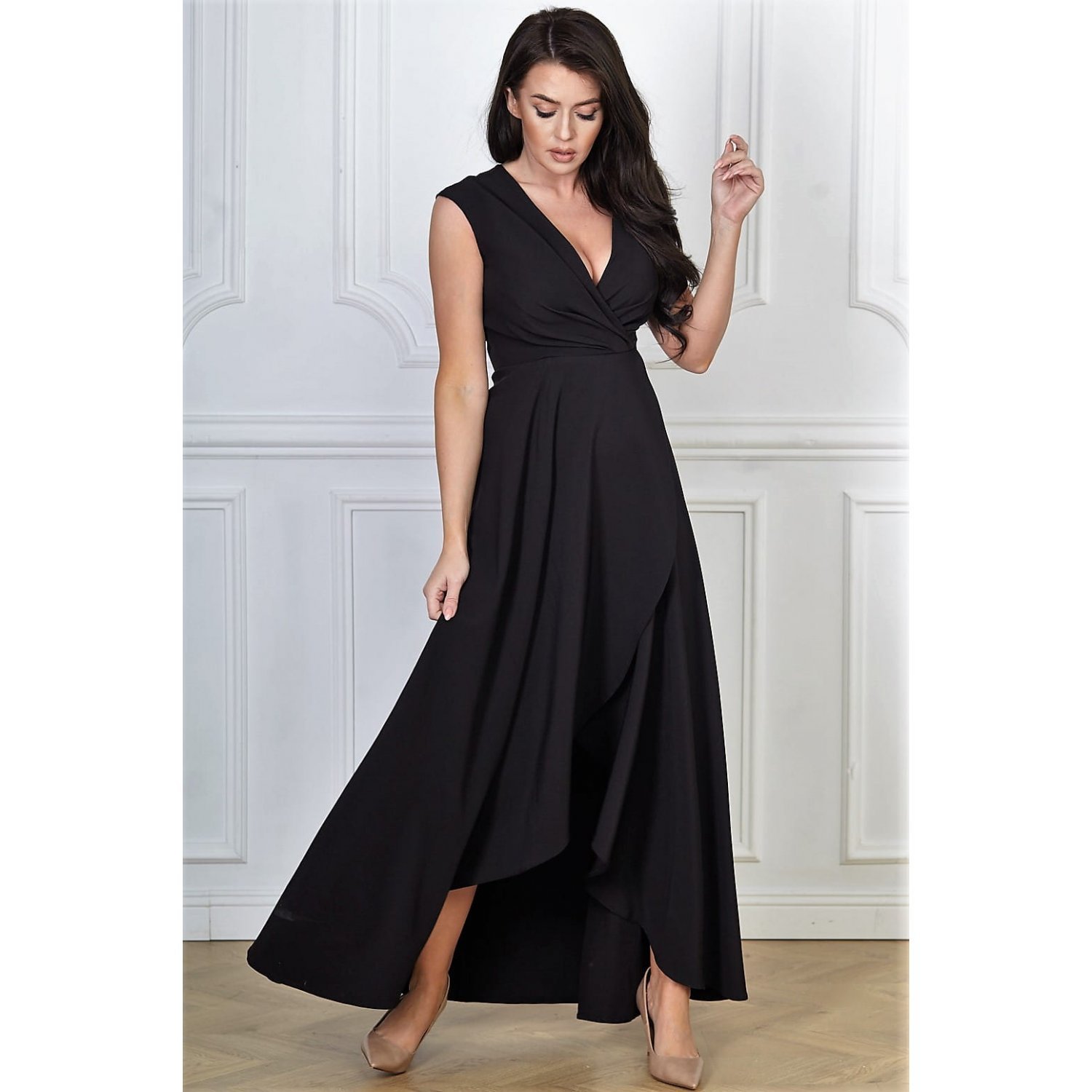 Rochie lunga neagra petrecuta asimetrica Gracia2 - JojoFashion.ro