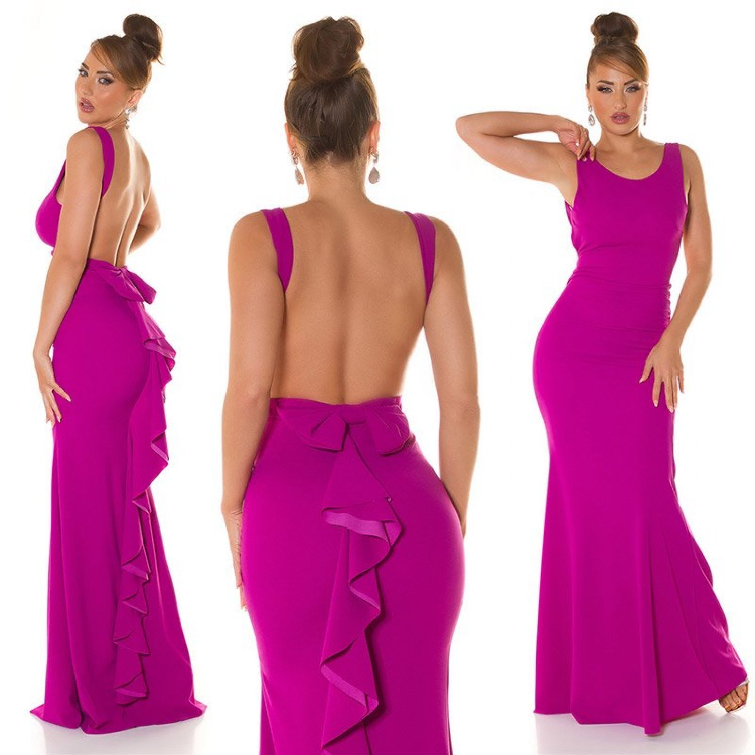 Rochie lunga mulata roz magenta tip sirena Lace - JojoFashion.ro