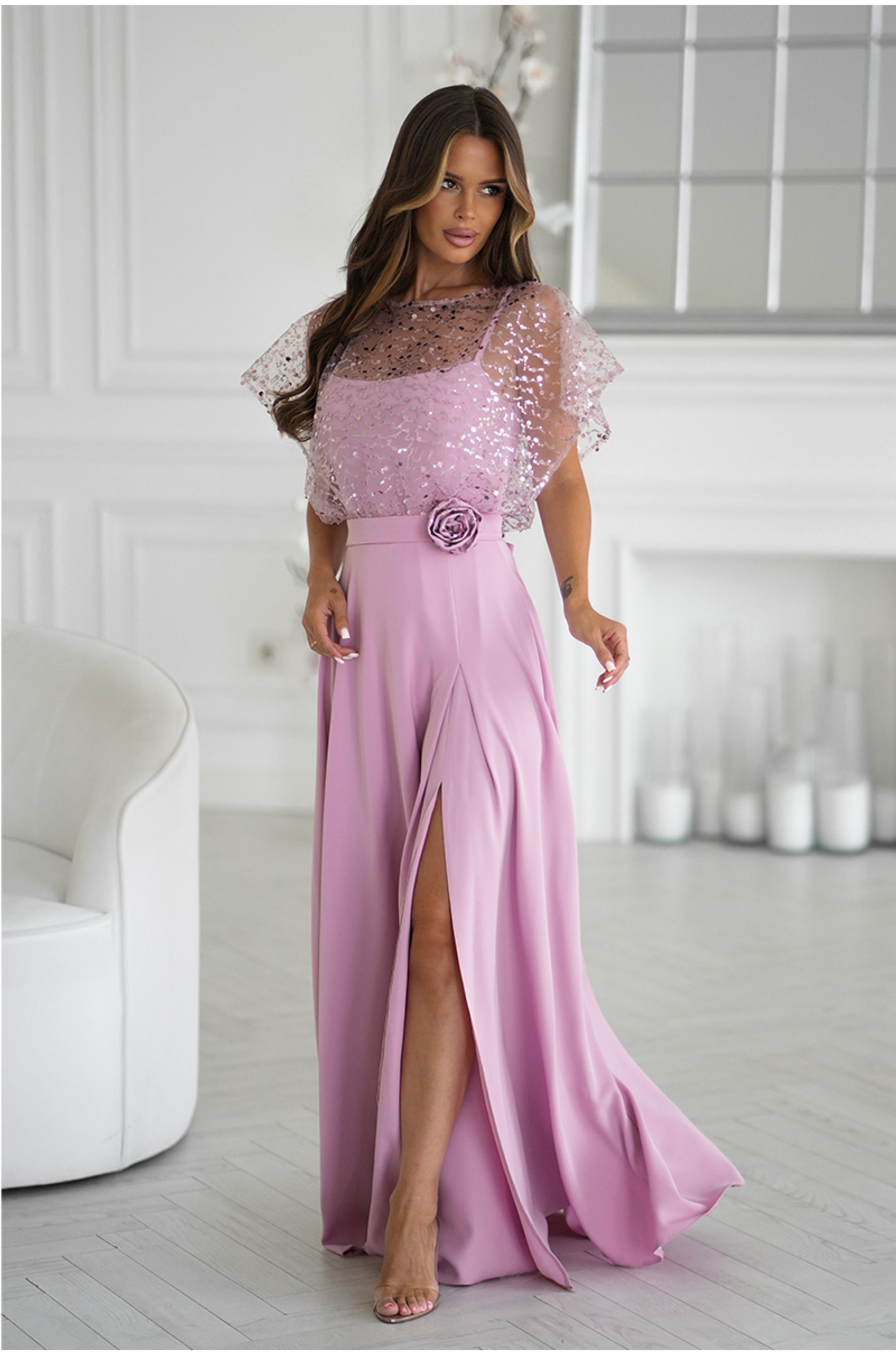 Rochie eleganta lunga roz pudra cu paiete pe bust vaporoasa Azaliya - JojoFashion.ro