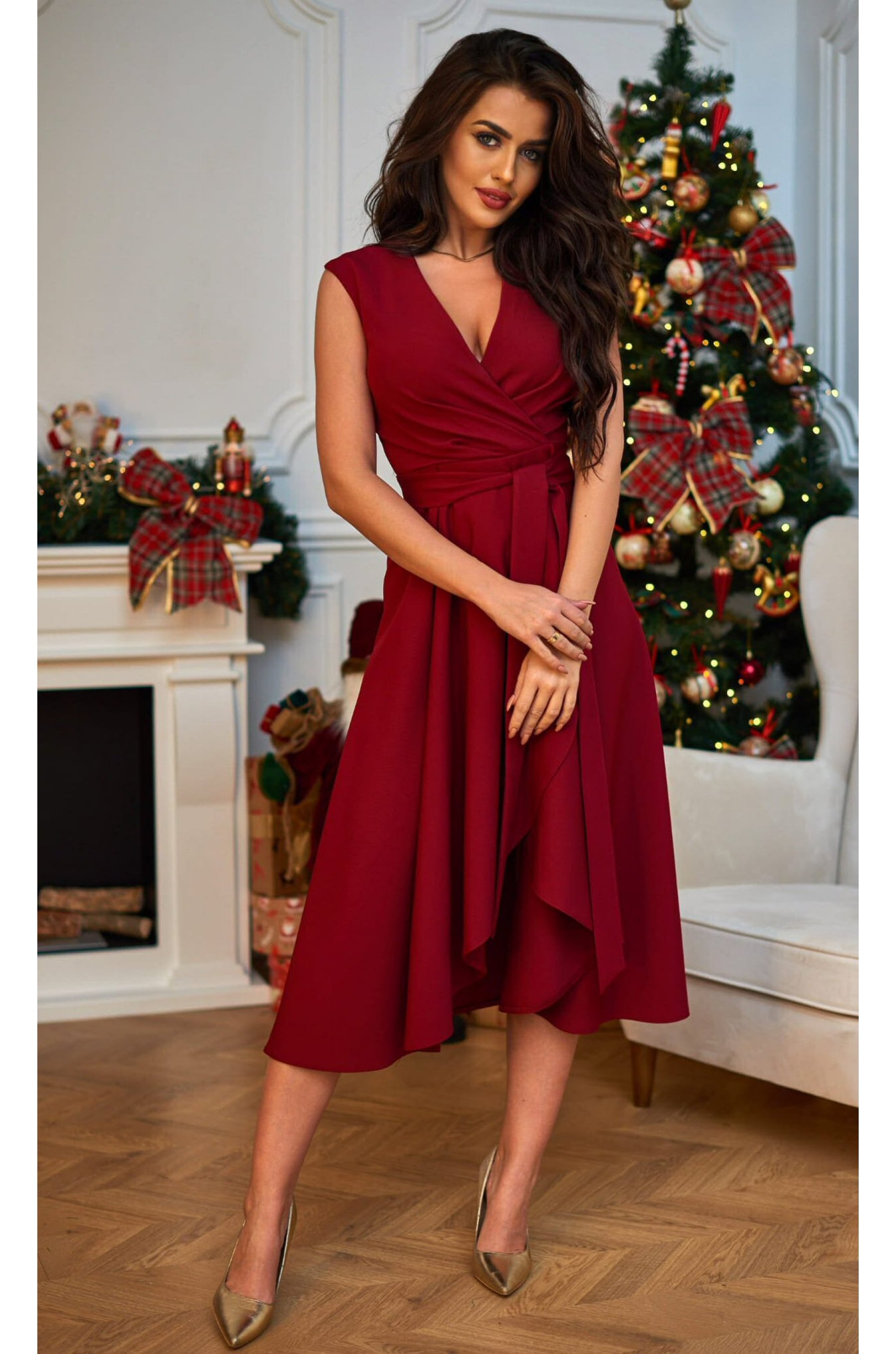Rochie midi eleganta burgundy petrecuta asimetrica Greta2 - JojoFashion.ro