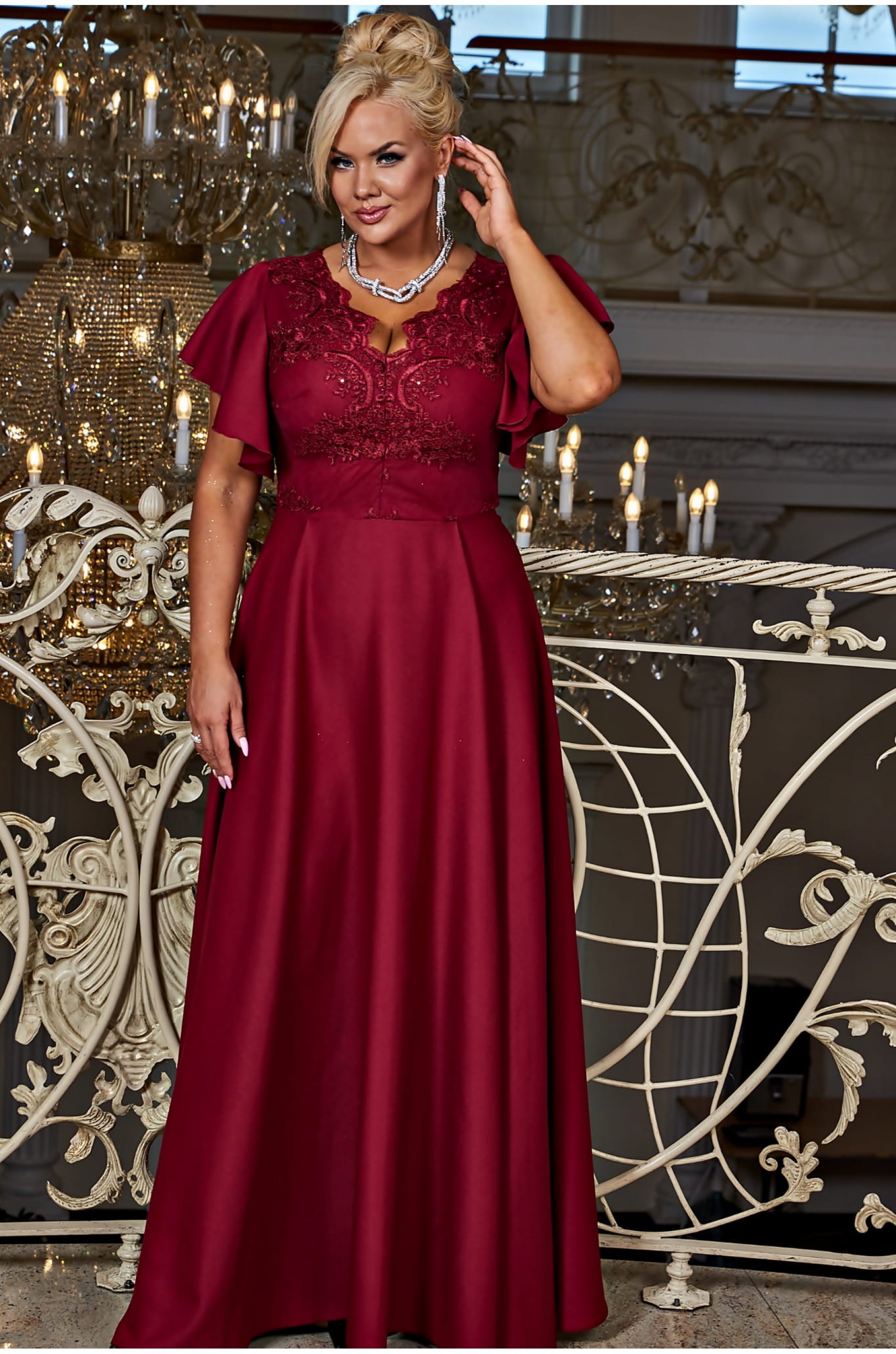 Rochie in marimi mari lunga, burgundy, cu dantela pe bust, Laura2 ...