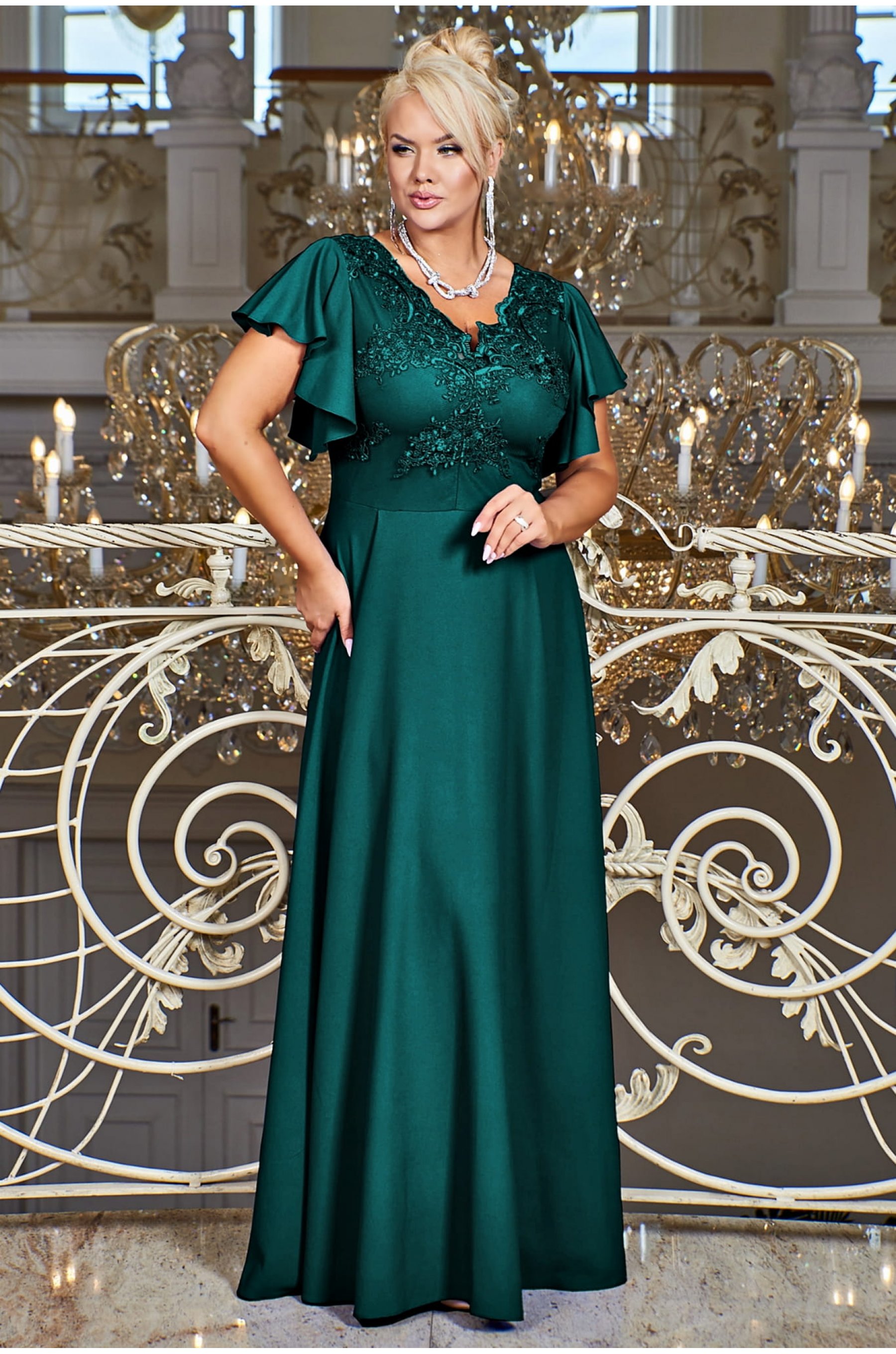 Rochie in marimi mari lunga, verde, cu dantela pe bust, Laura2 ...