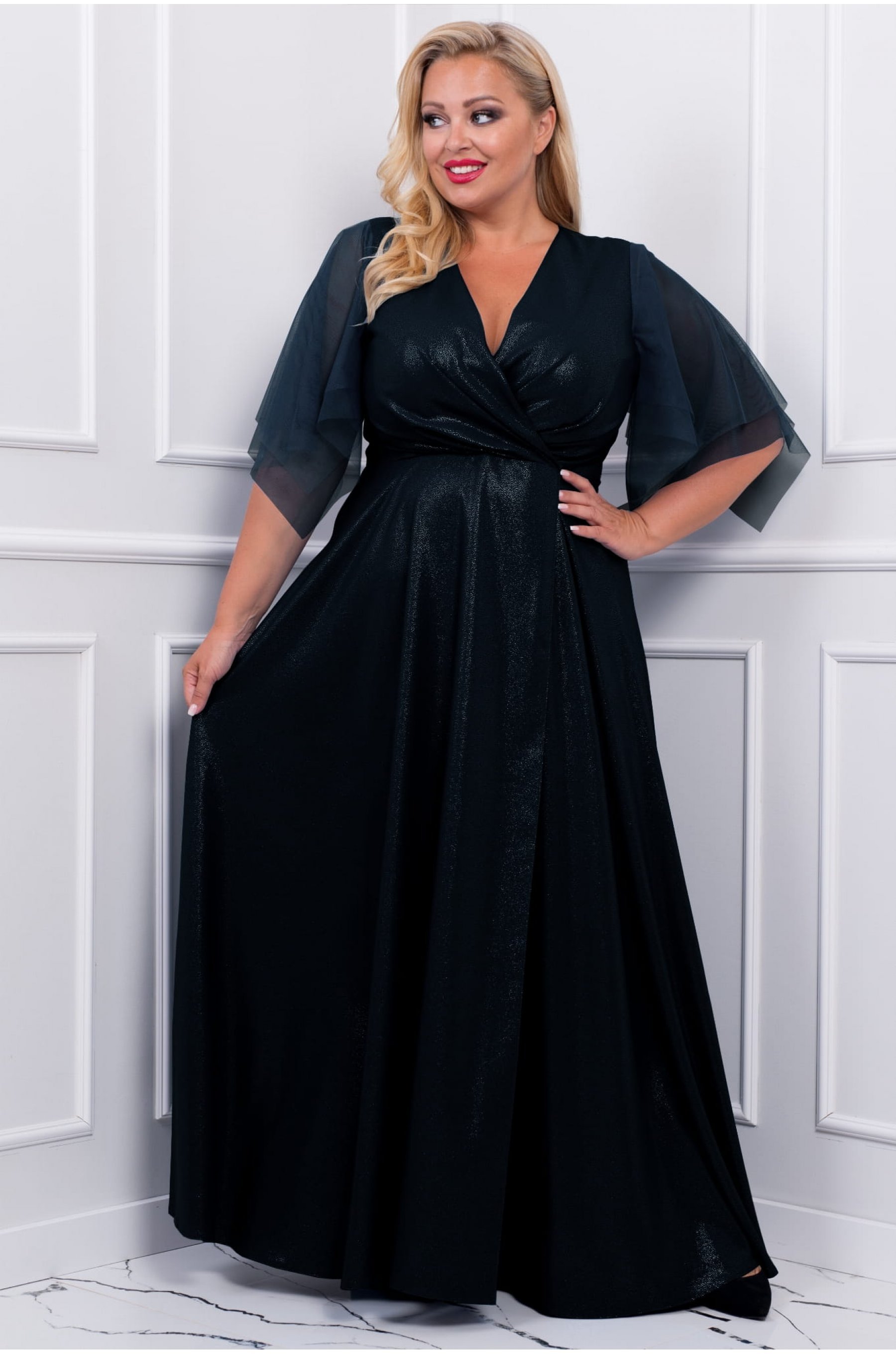 Rochie neagra XXL, eleganta, lunga, din brocard, empire, vaporoasa ...