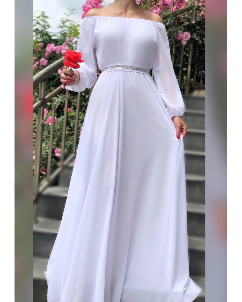 Rochie lunga alba eleganta din voal traditionala Analisa - JojoFashion.ro