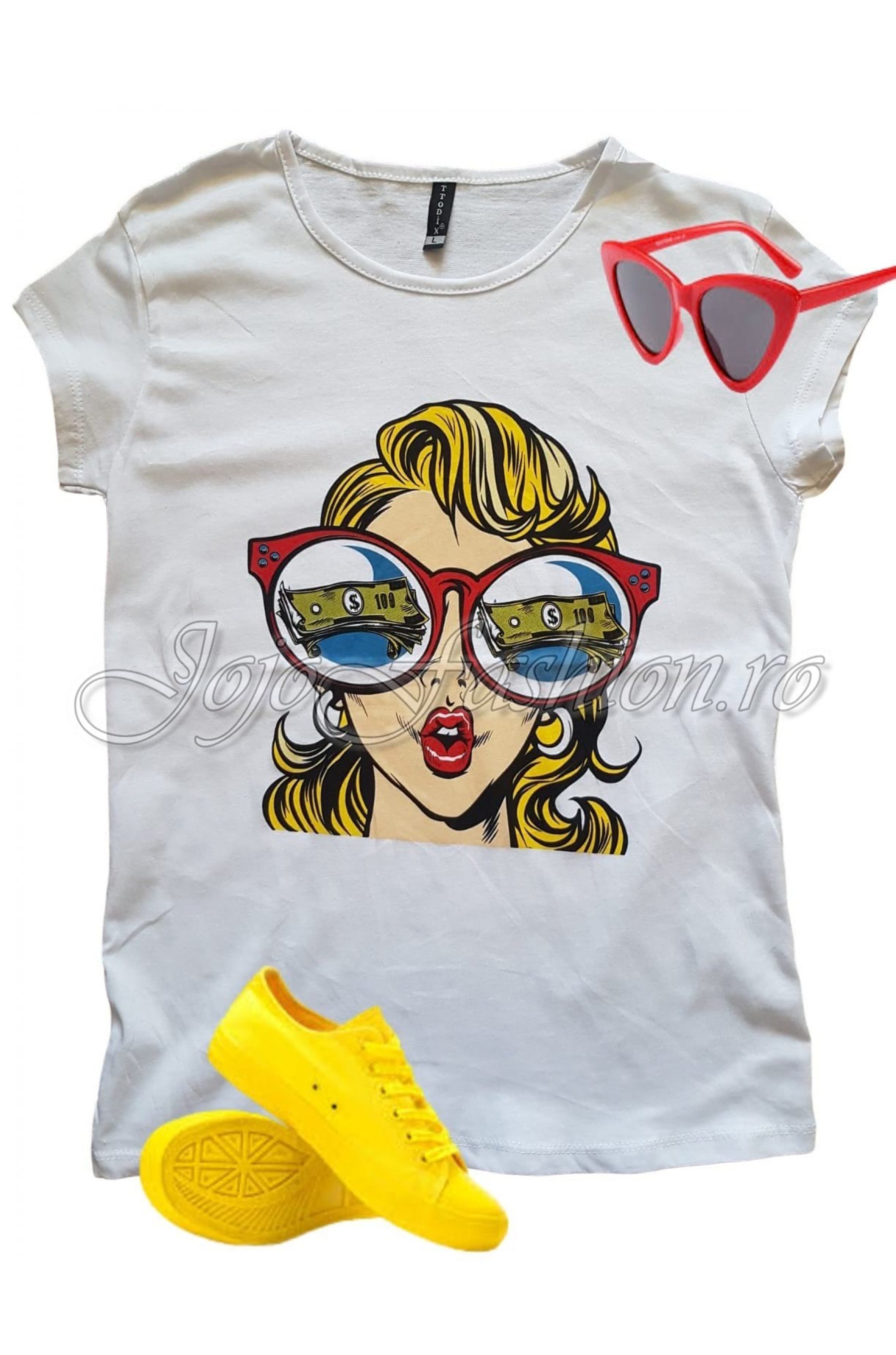 Tricou dama alb casual cu imprimeu colorat Anna - JojoFashion.ro