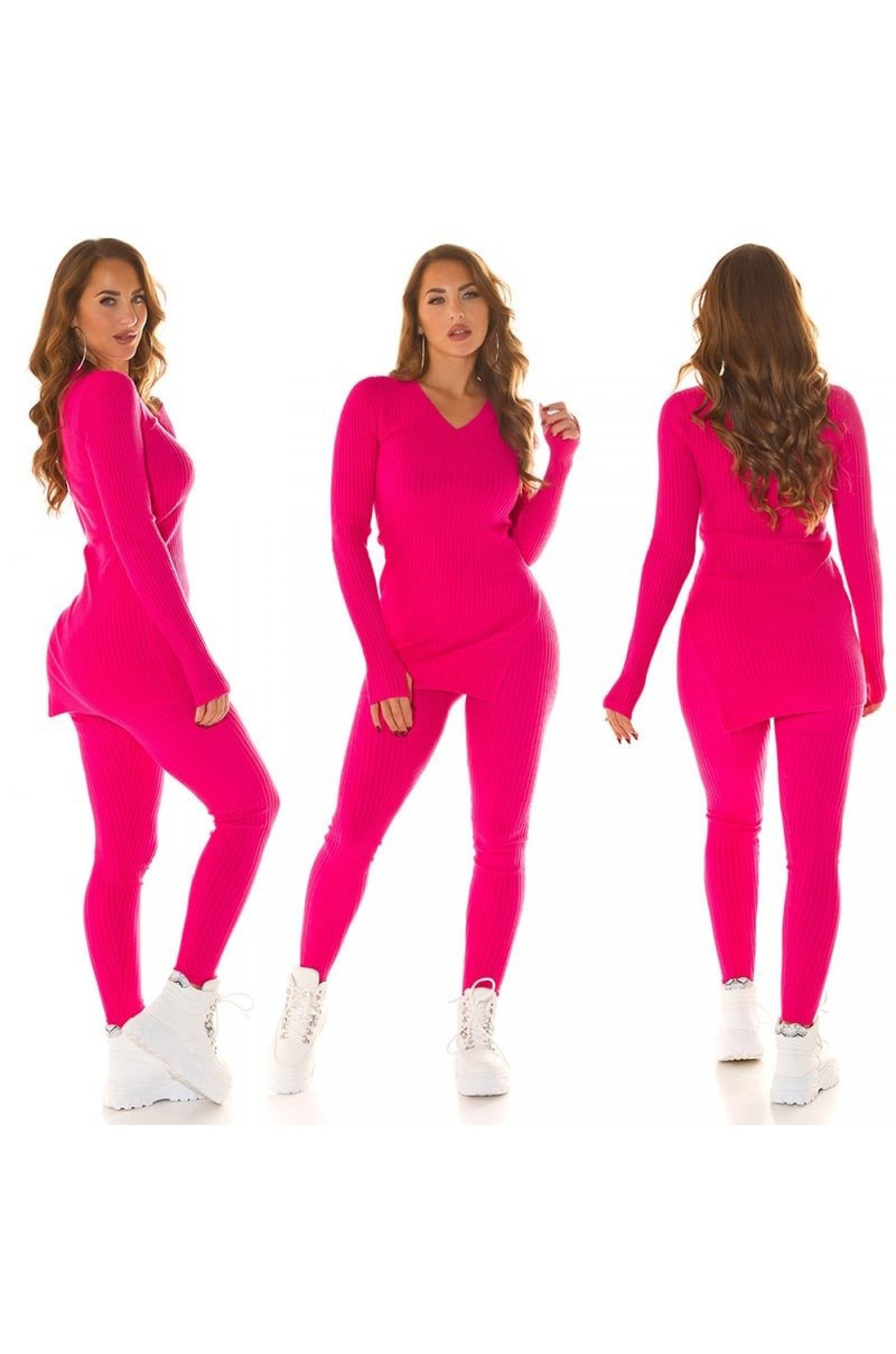 Compleu tricotat din doua piese, vascoza roz ciclam, mulat, cu maneca ...