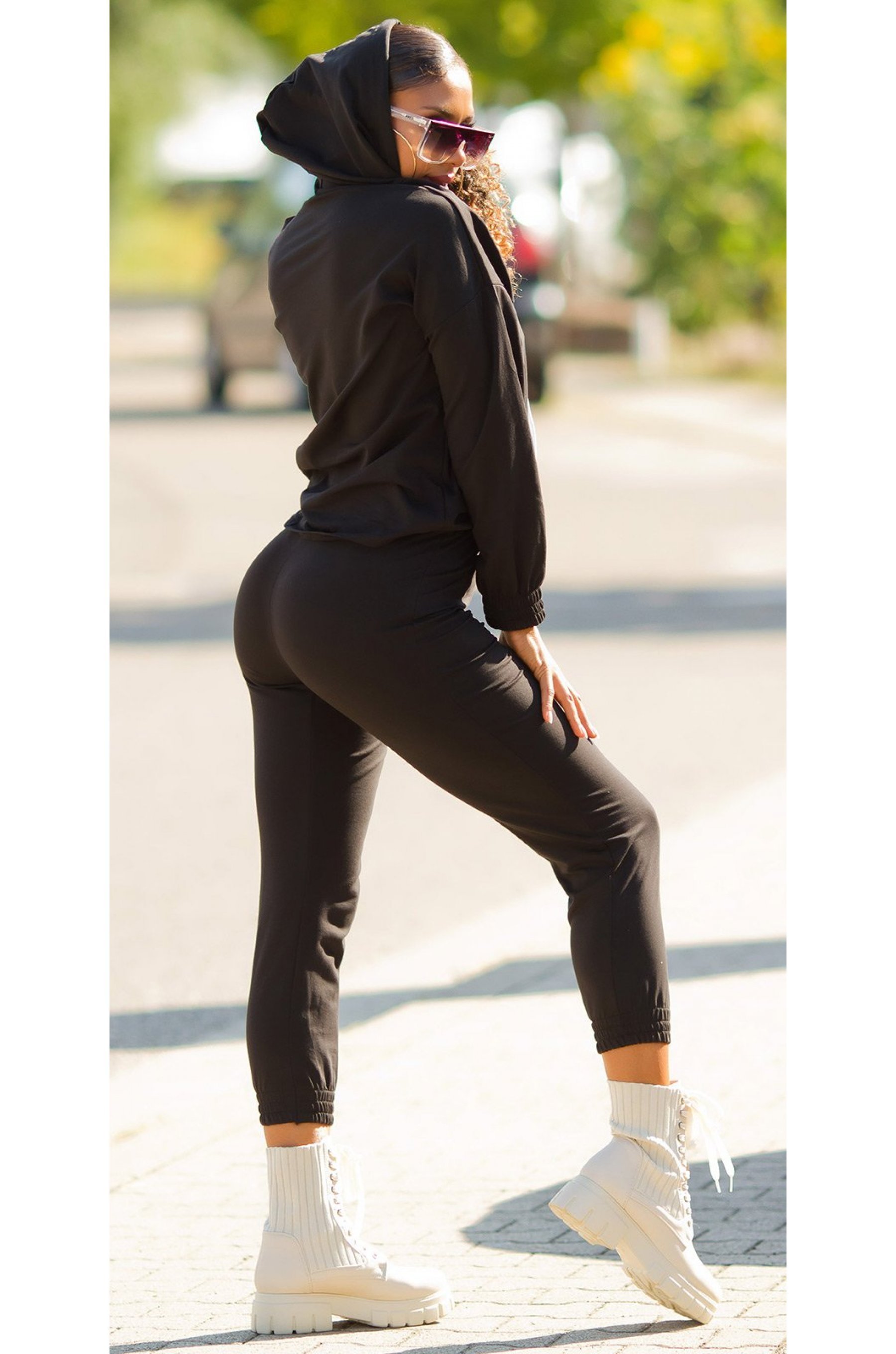 Trening dama casual, bumbac negru, cu gluga, Abbey - JojoFashion.ro