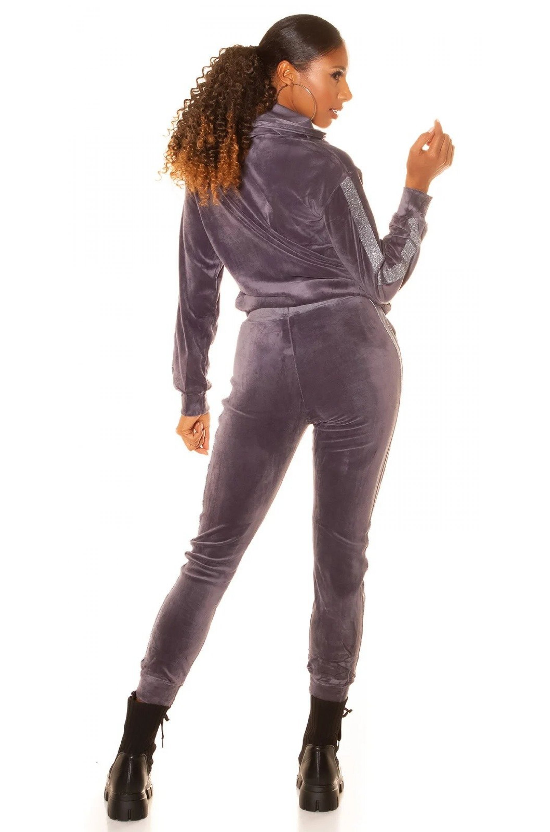 Trening dama casual, catifea, gri, cu gluga Anthos - JojoFashion.ro