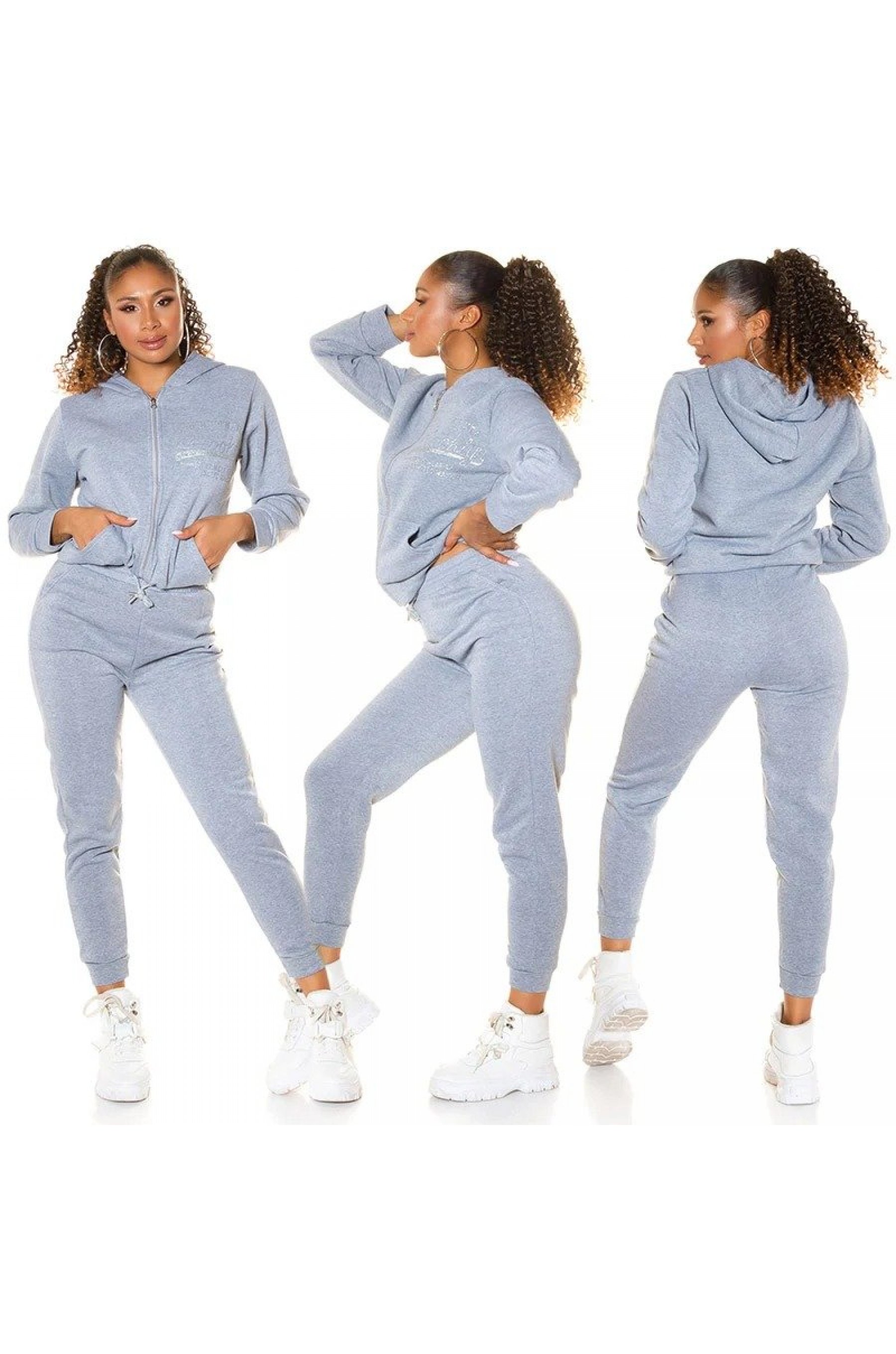 Trening dama, gri, cu gluga si maneci lungi Hayko - JojoFashion.ro