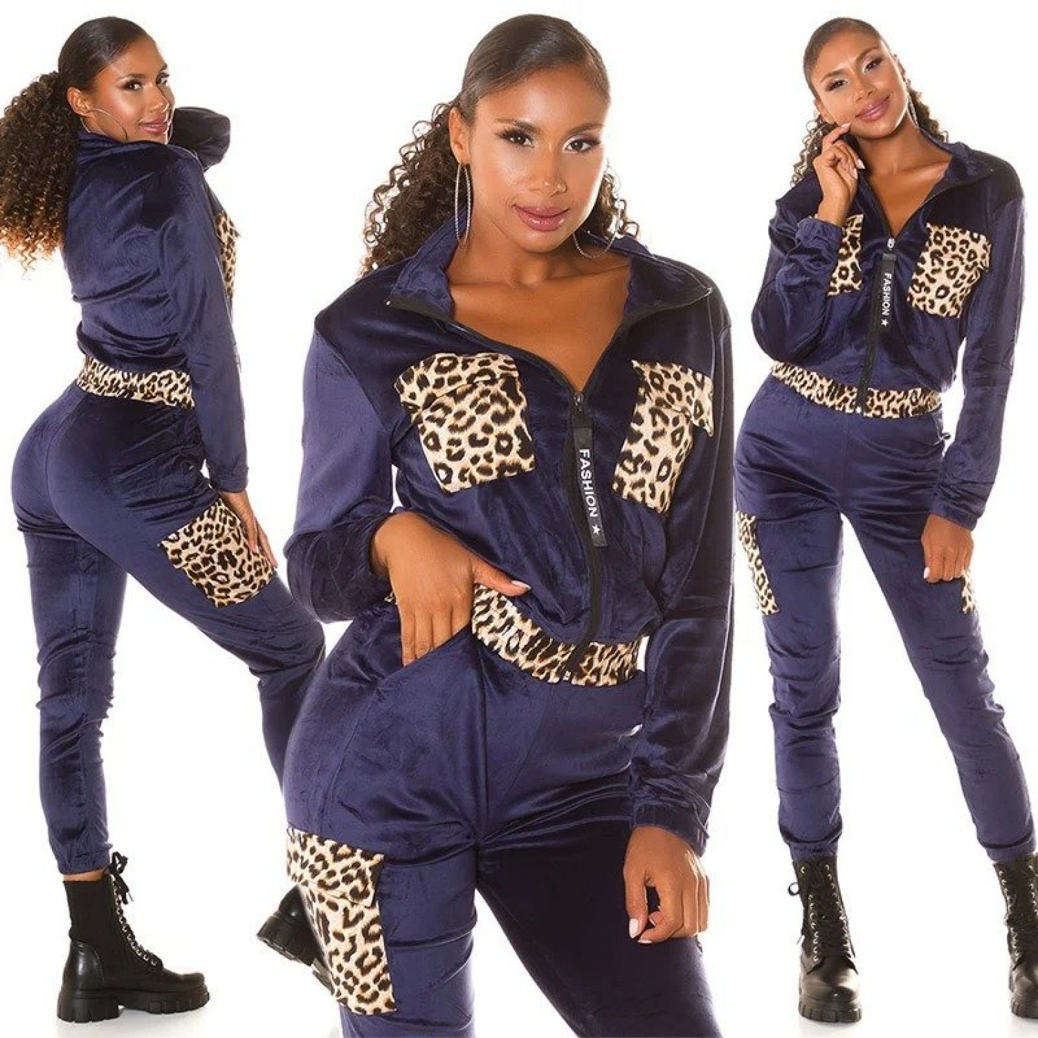 Trening dama casual, din catifea, bleumarin cu print leopard Laurette ...