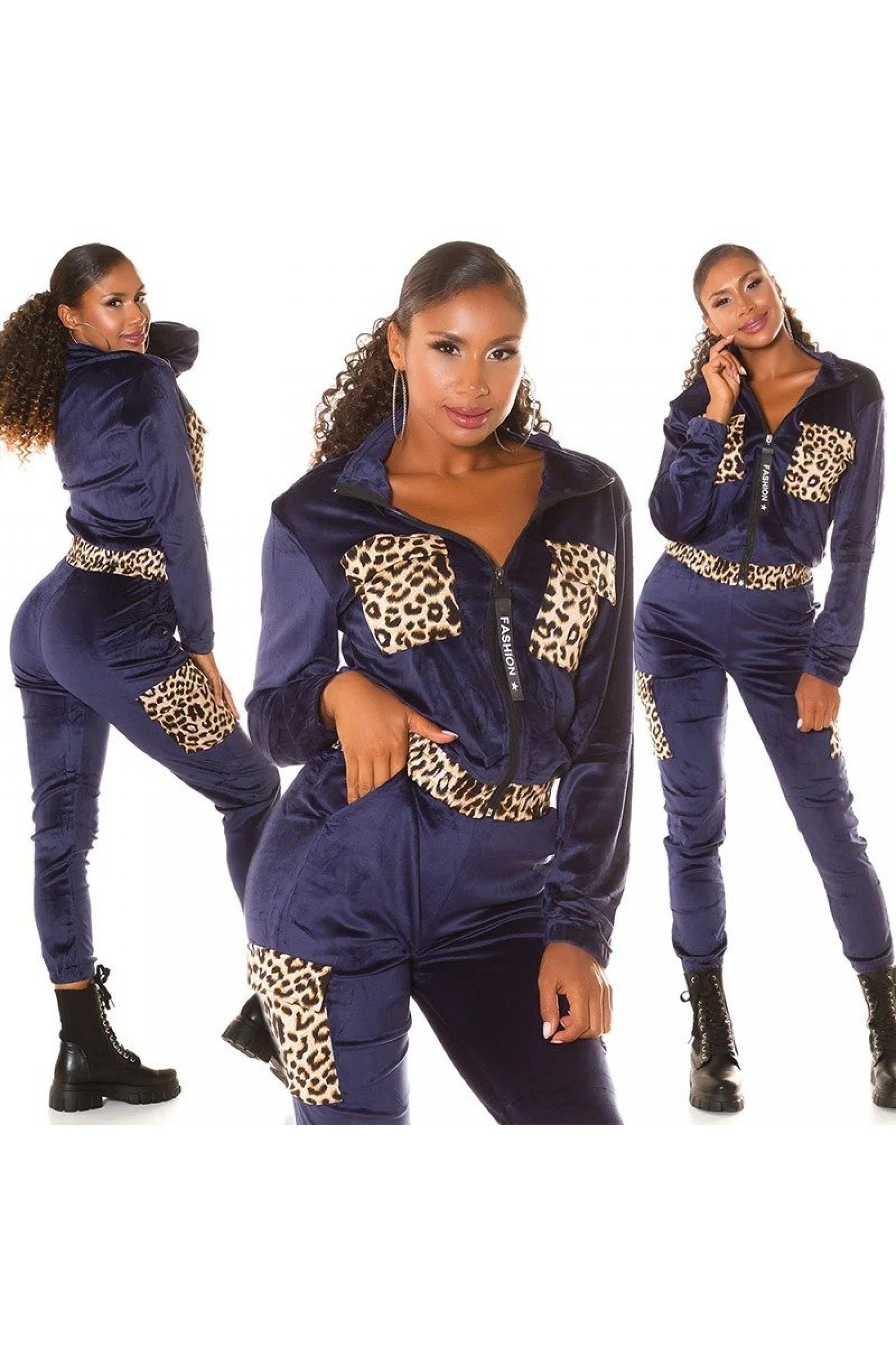 Trening dama casual, din catifea, bleumarin cu print leopard Laurette - JojoFashion.ro