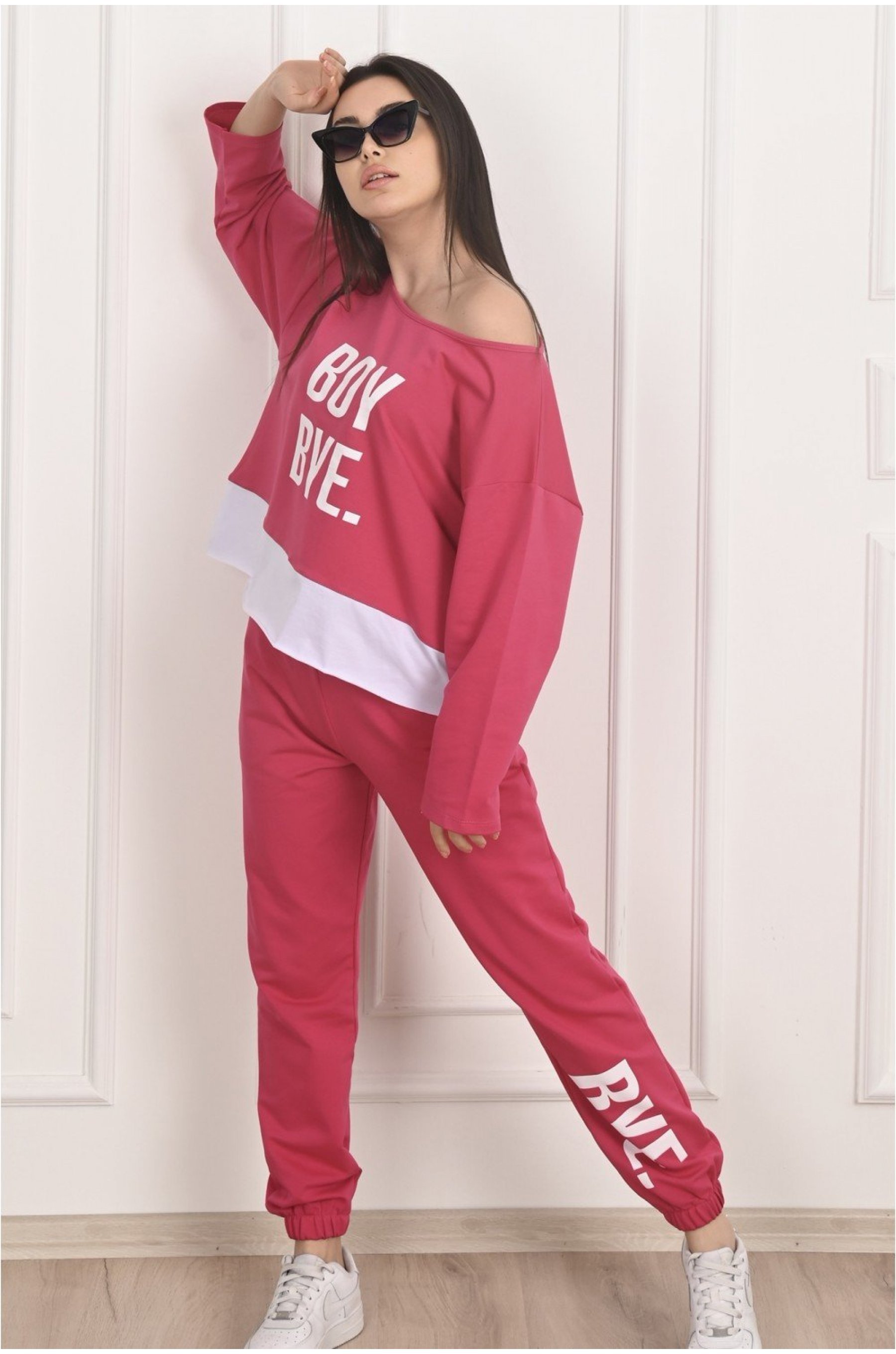 Trening dama sport, bumbac roz cu print alb, BoyBye - JojoFashion.ro