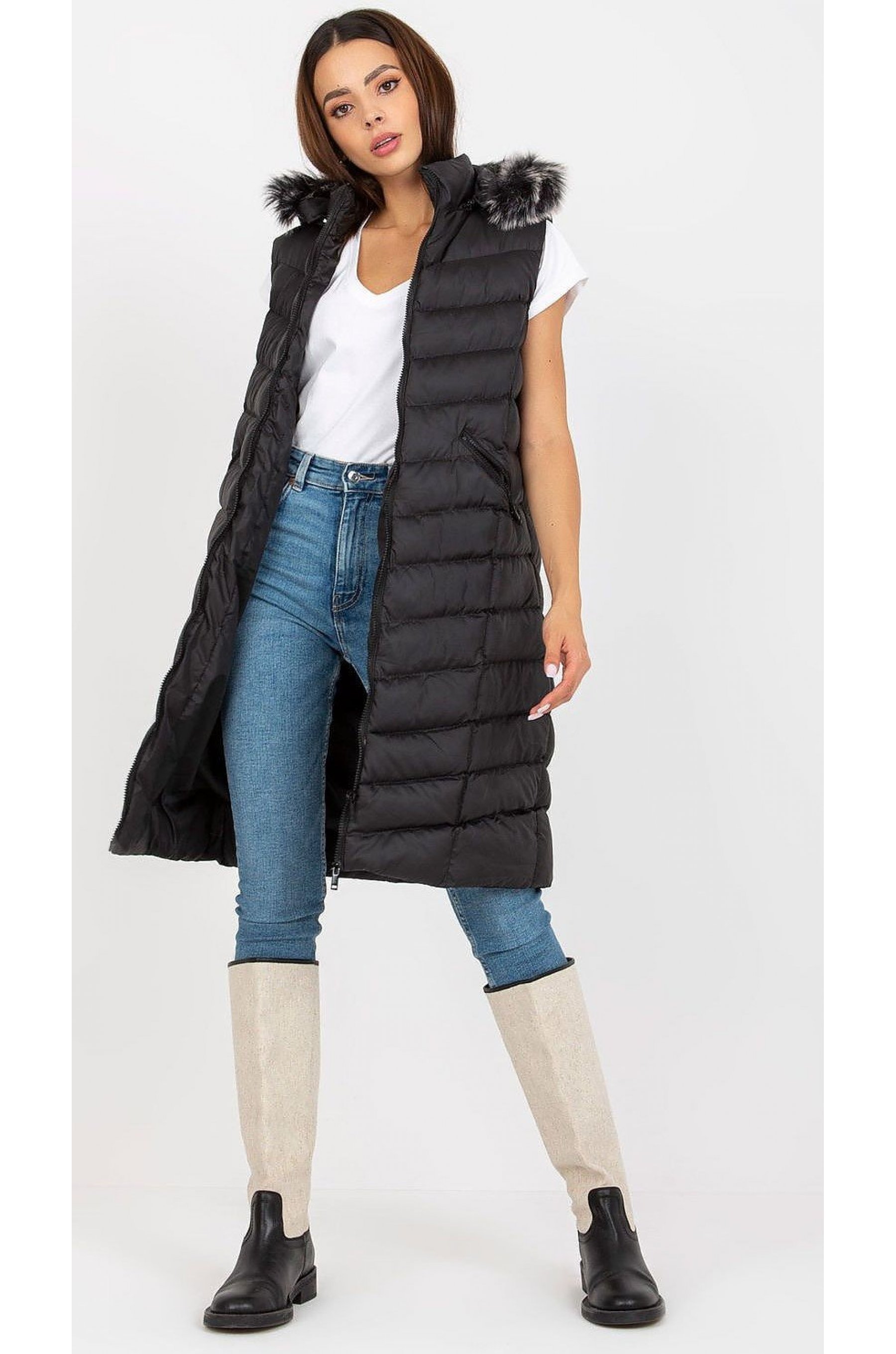 Vesta dama lunga, neagra, cu gluga si blanita, Raluka - JojoFashion.ro
