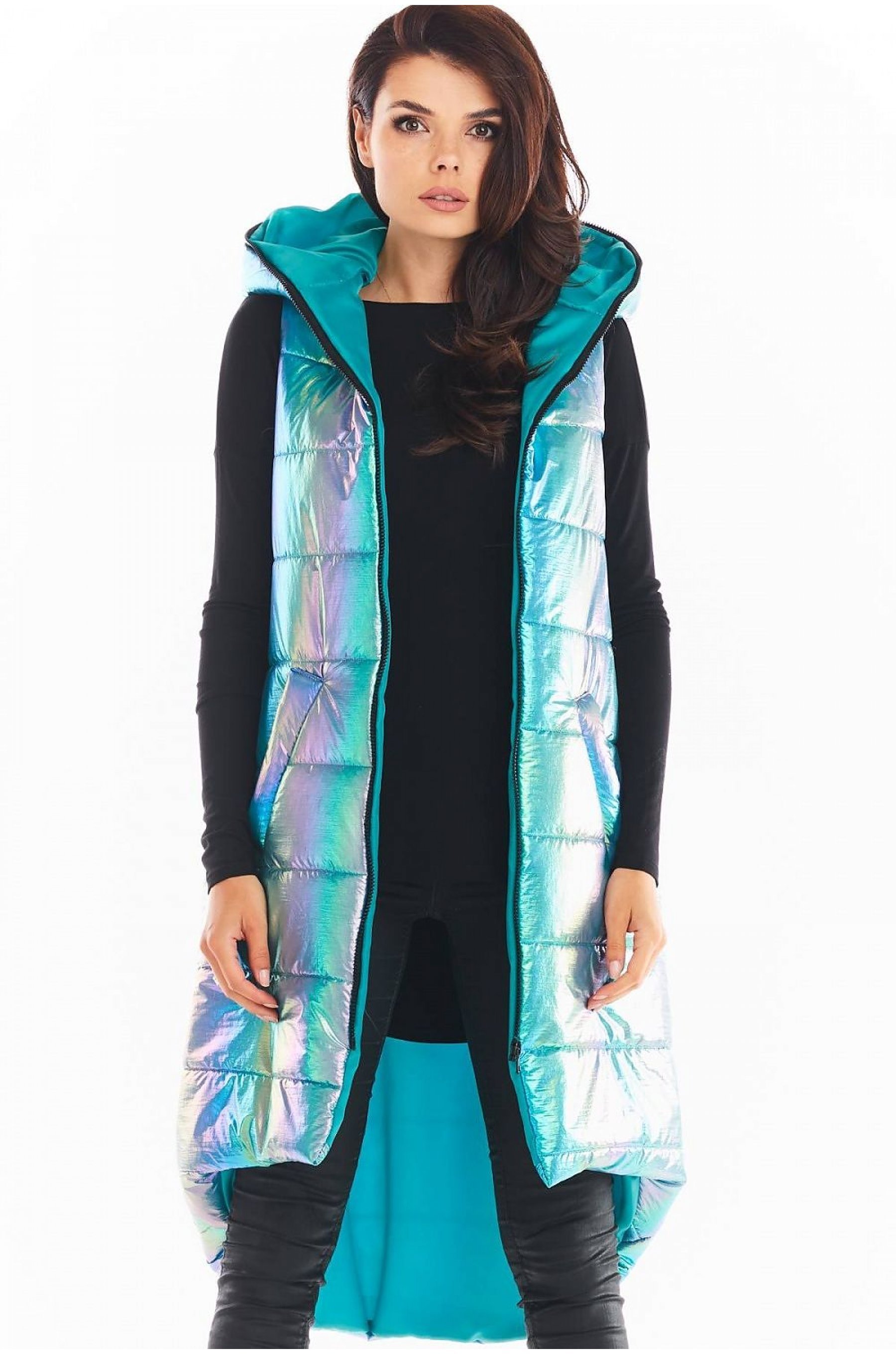 Vesta dama lunga oversize, albastra cu reflexii, asimetrica, cu gluga ...