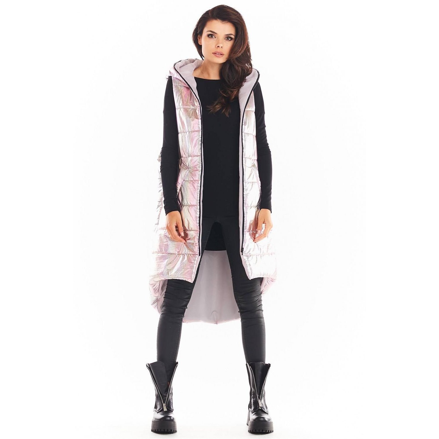 Vesta dama lunga oversize, roz cu reflexii argintii, asimetrica, cu ...