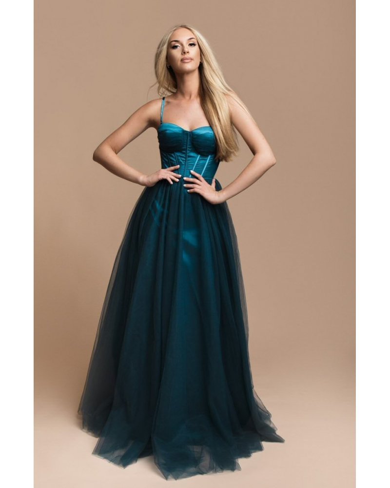 Rochie eleganta lunga, din satin si tulle, alba, cu corset, stil ...