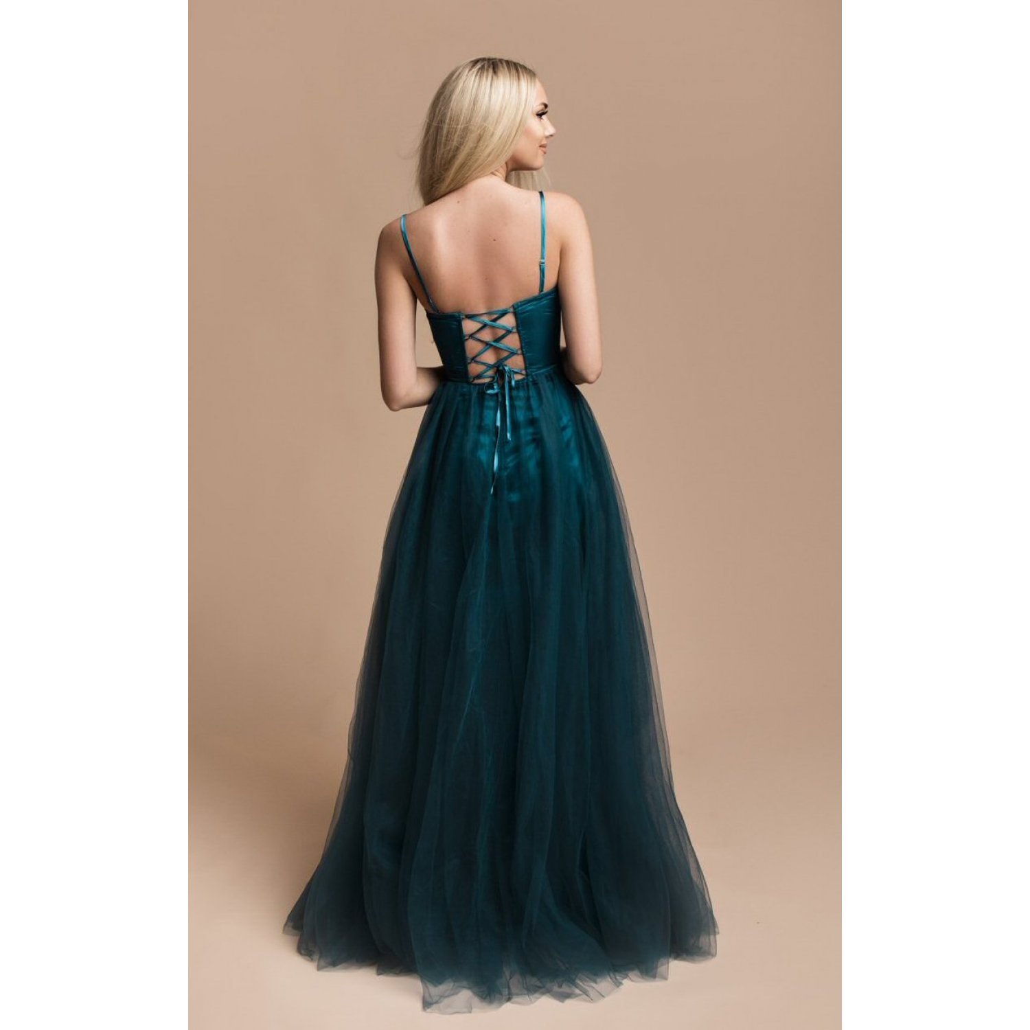 Rochie eleganta lunga, din satin si tulle, petrol, cu corset, FloraY ...