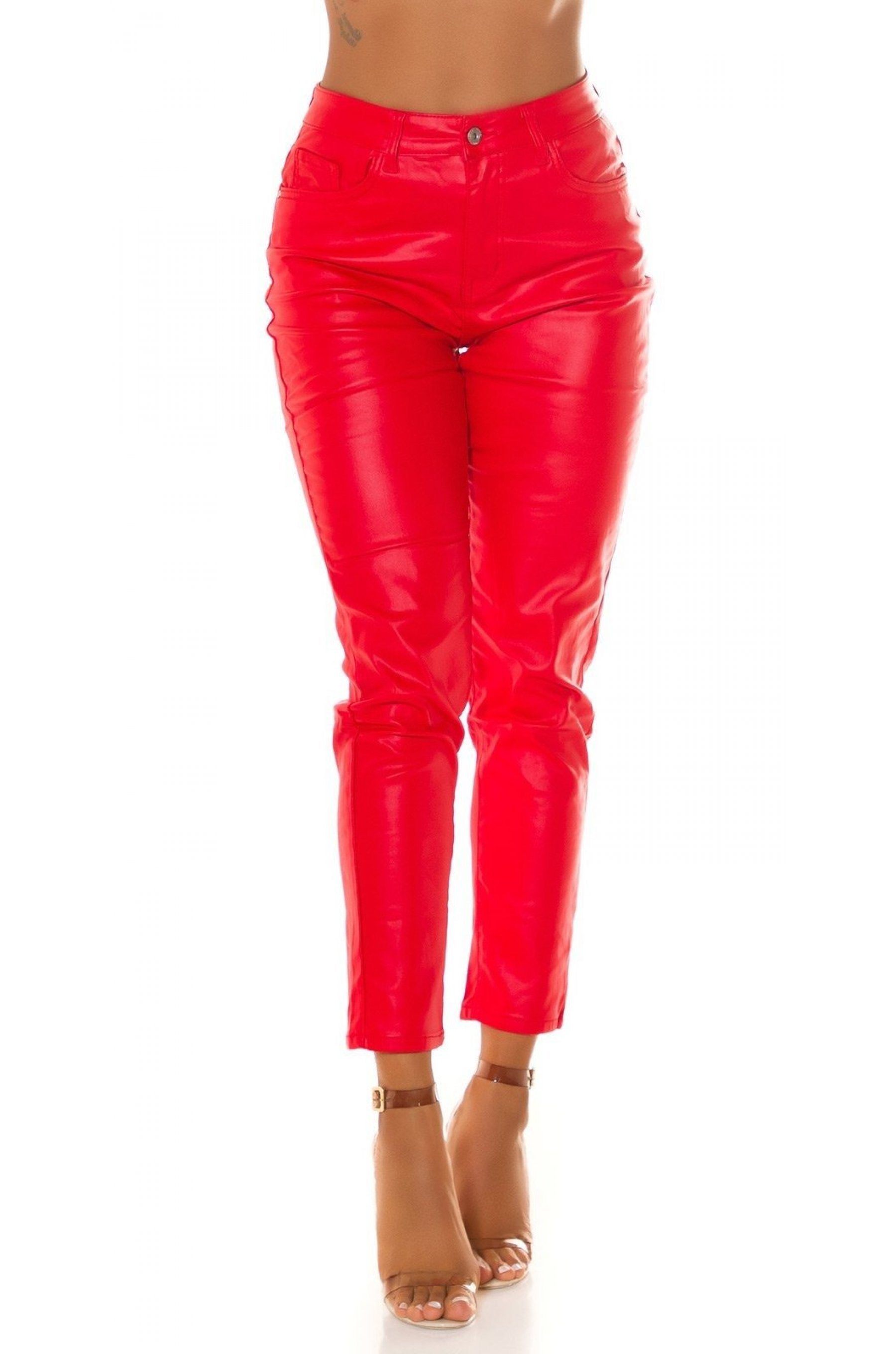 Blugi dama boyfriend, rosii, cu aspect de piele, cu talia inalta ...