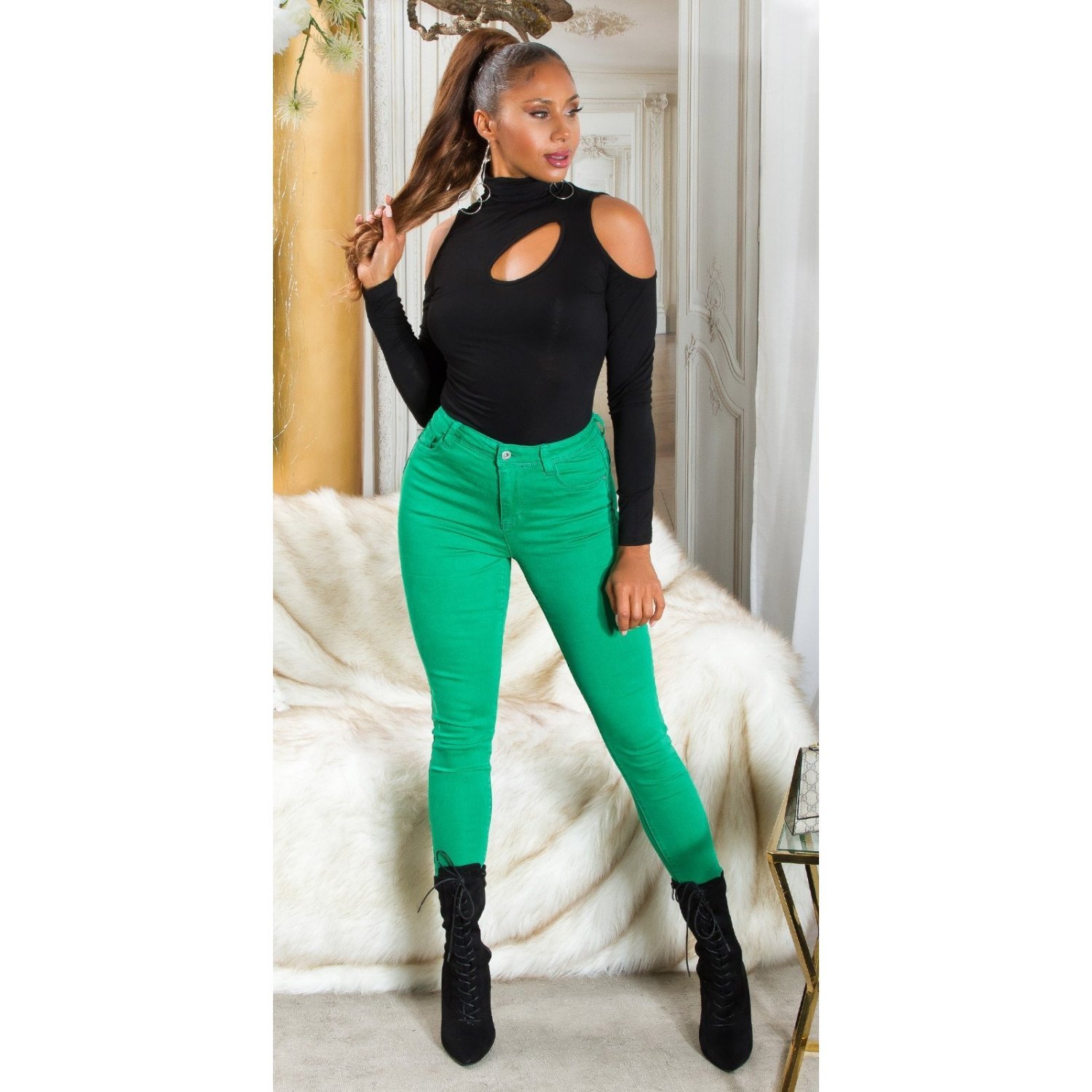 Blugi dama cu push up, skinny, verzi, din bumbac, mulati, cu talia ...