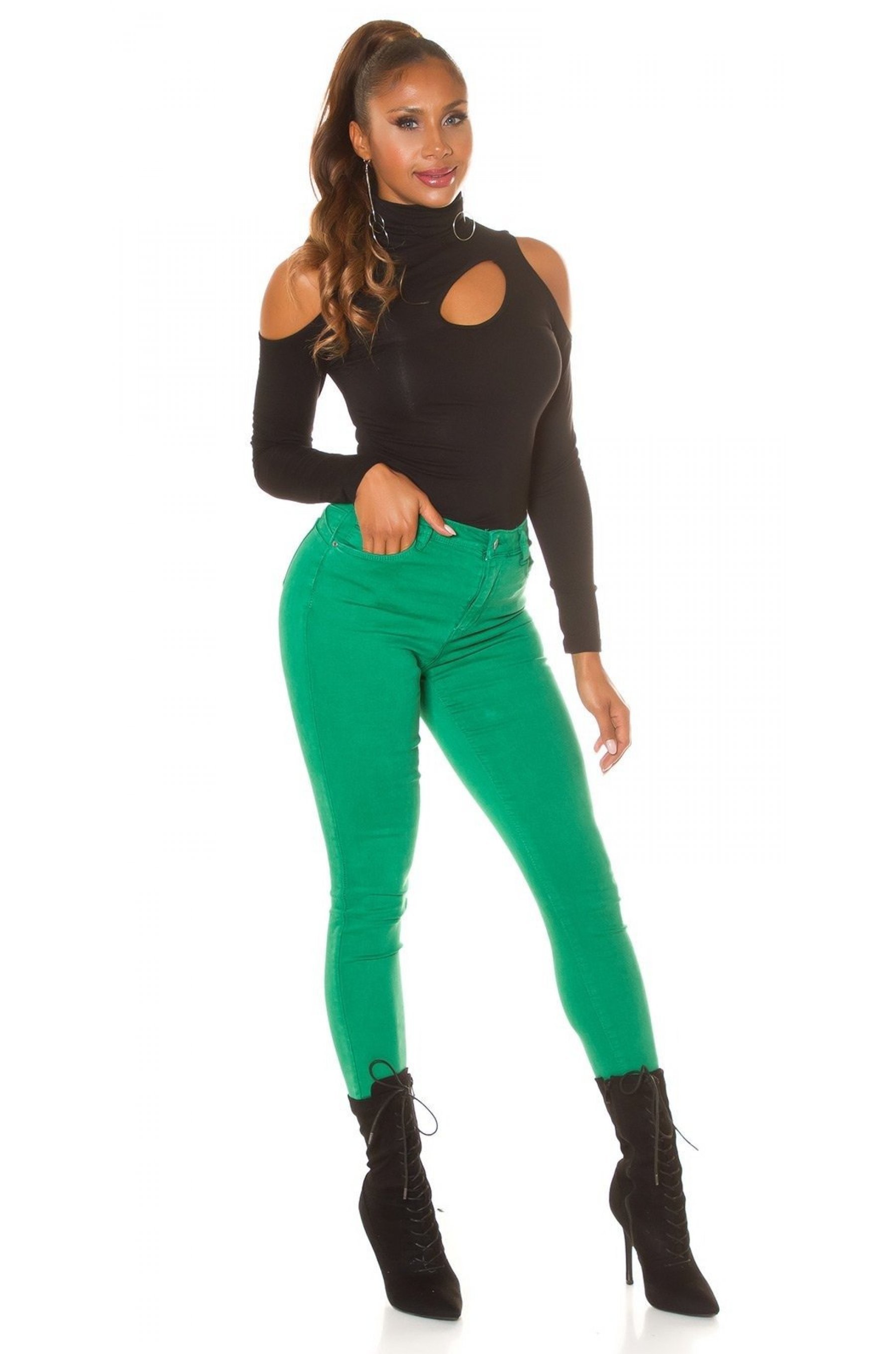 Blugi dama cu push up, skinny, verzi, din bumbac, mulati, cu talia ...