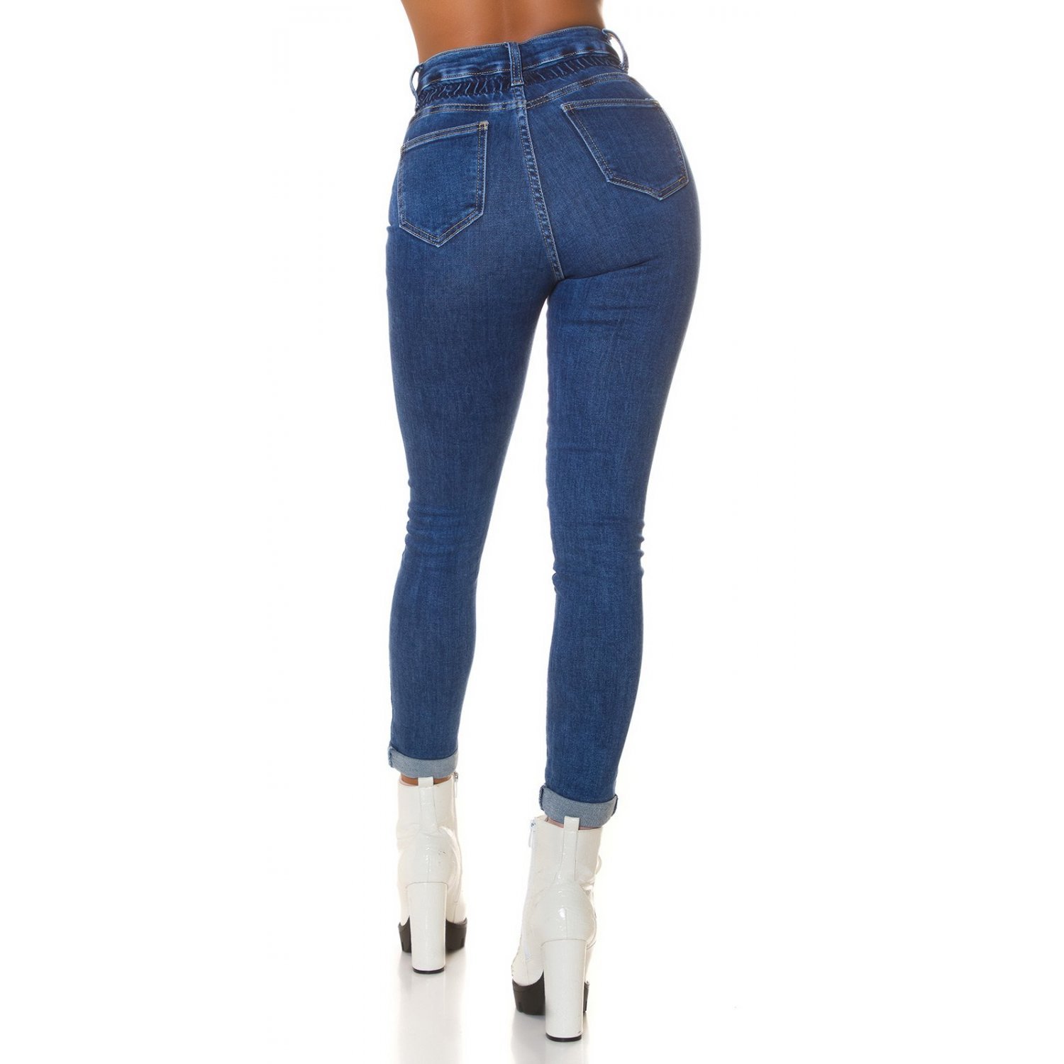 Blugi dama paperbag, albastri, denim, mulati, cu talia inalta, Loulu ...