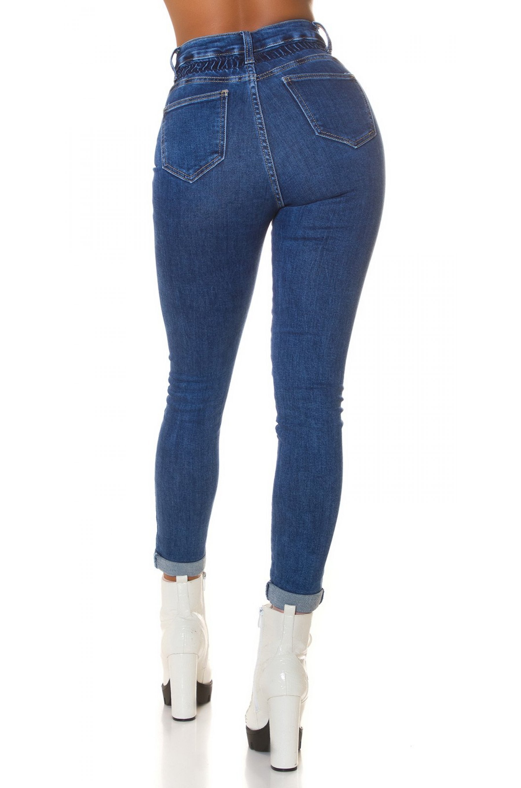 Blugi dama paperbag, albastri, denim, mulati, cu talia inalta, Loulu ...