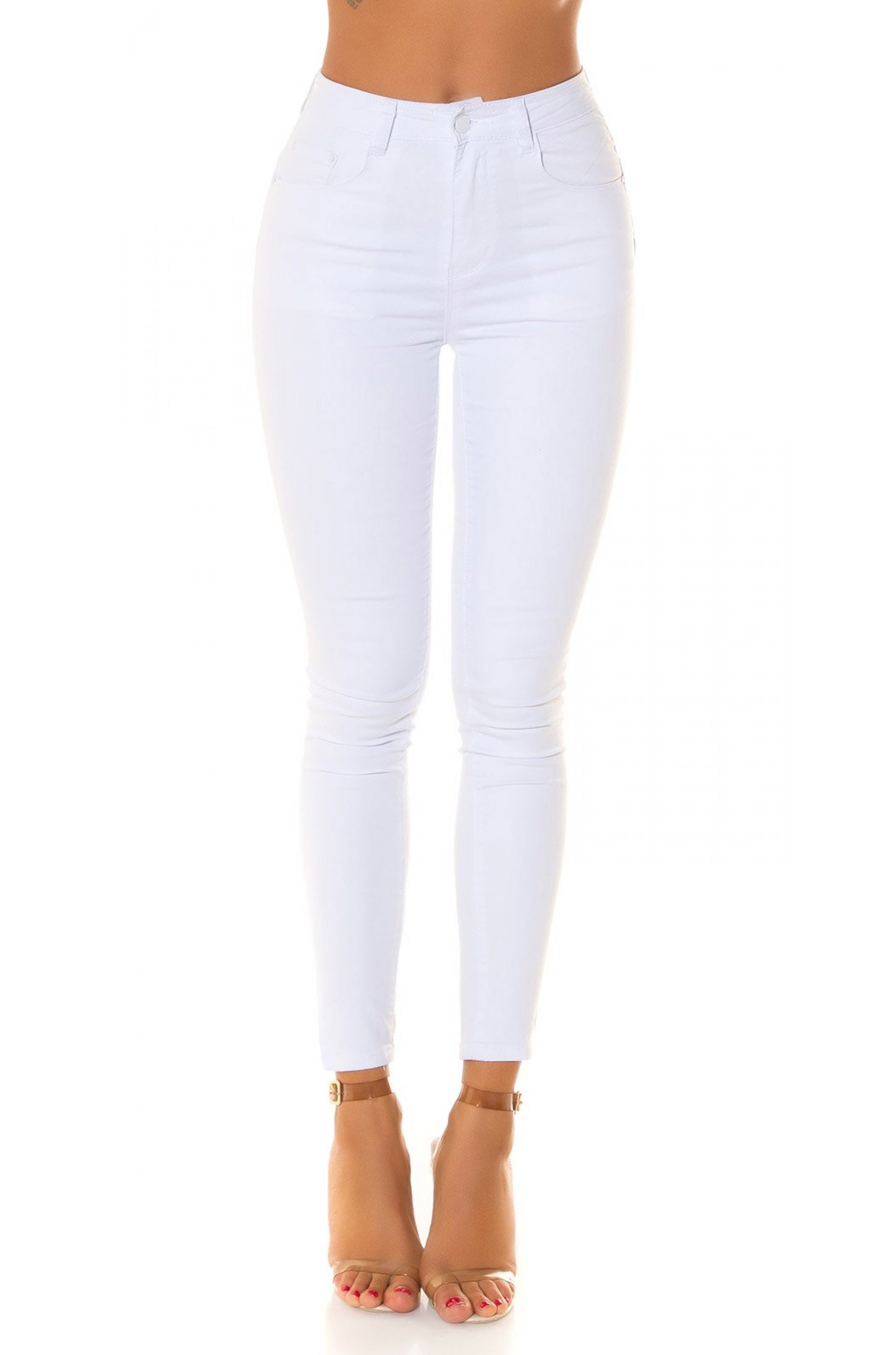 Blugi dama push up, albi, denim, cu talia inalta, Pikme - JojoFashion.ro