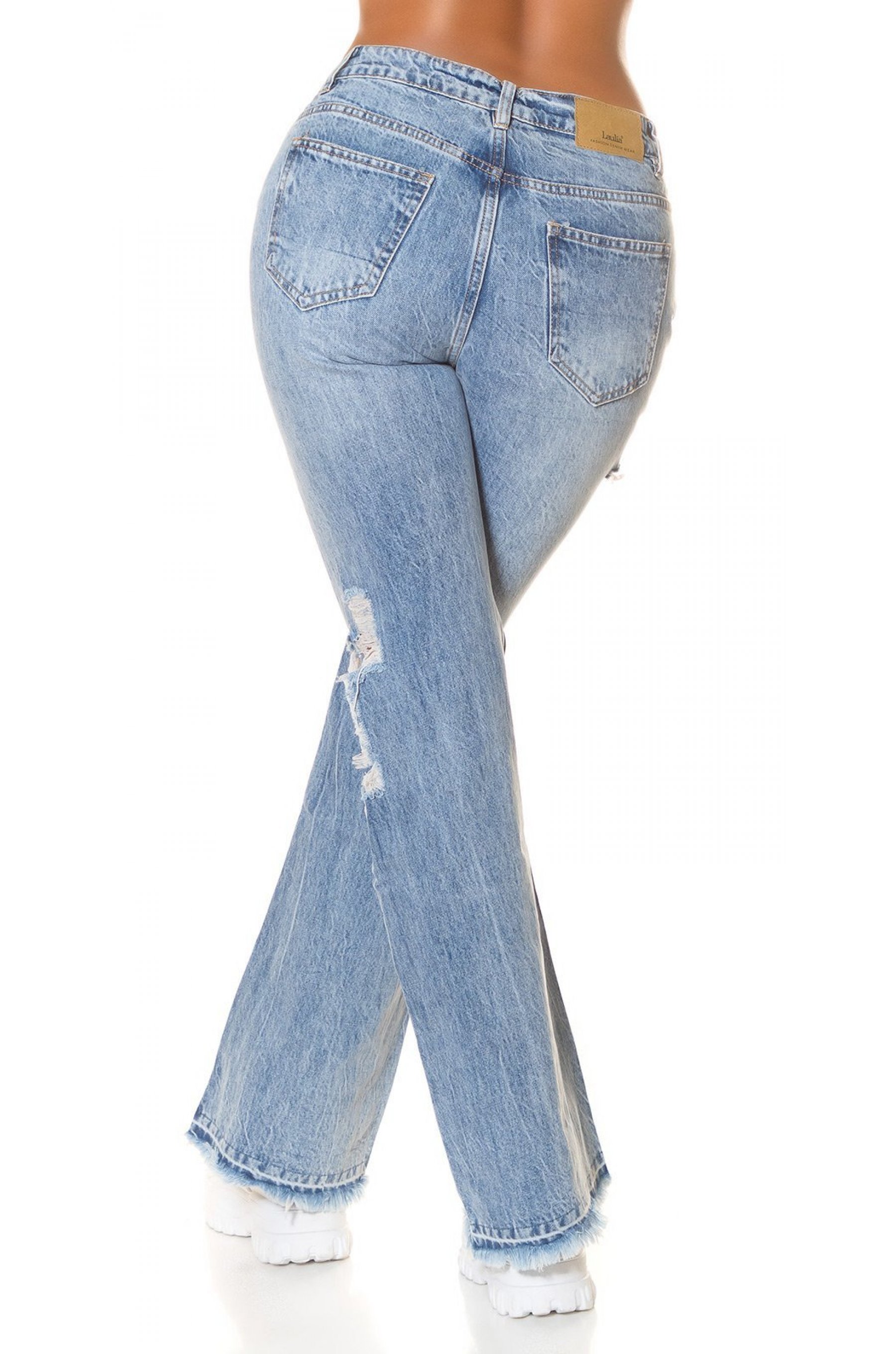 Blugi dama rupti, BootCut, albastri, din bumbac, cu talia inalta, Salme ...