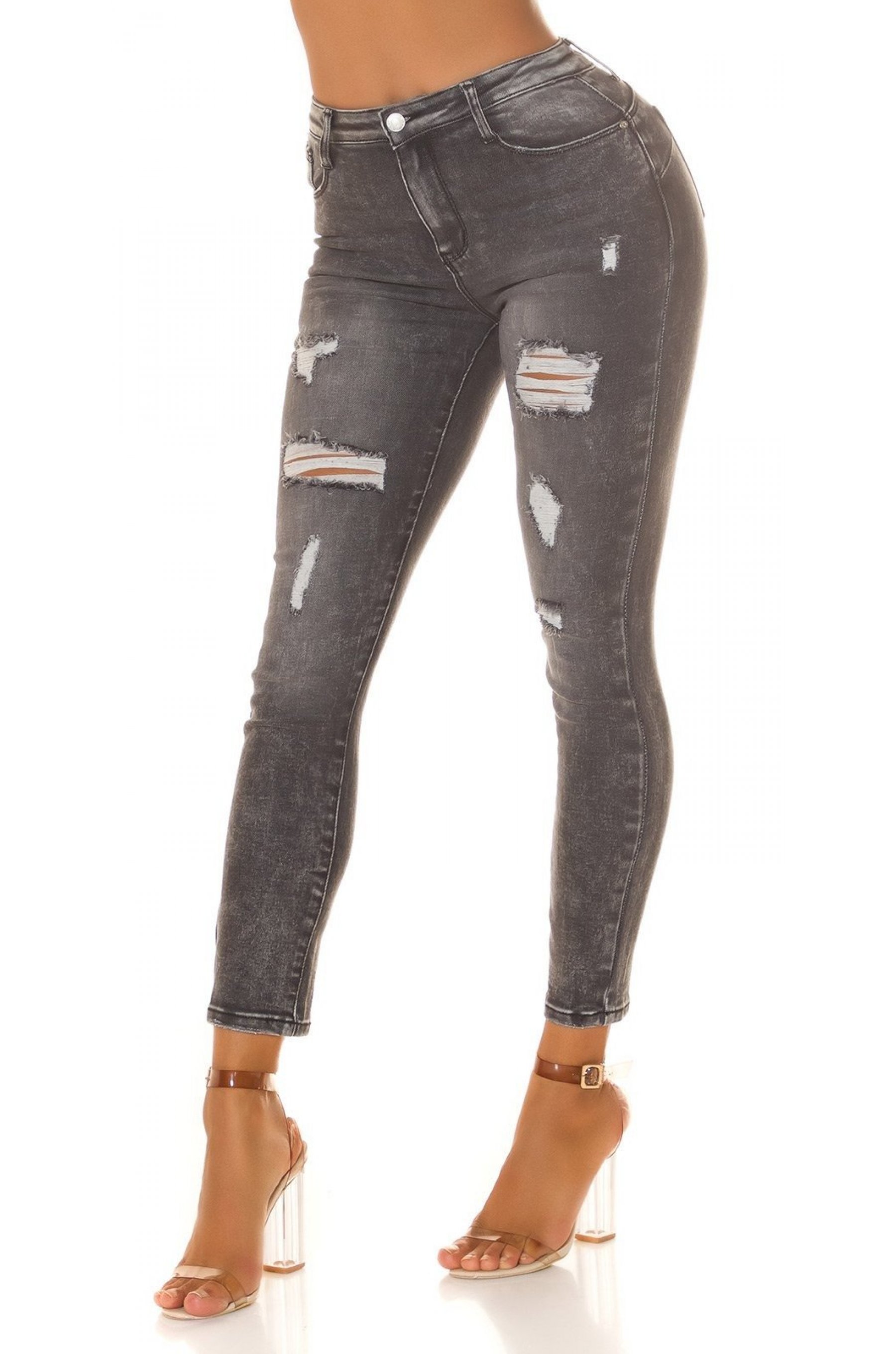 Blugi dama rupti, cu push up, negri, din bumbac, cu talia inalta ...