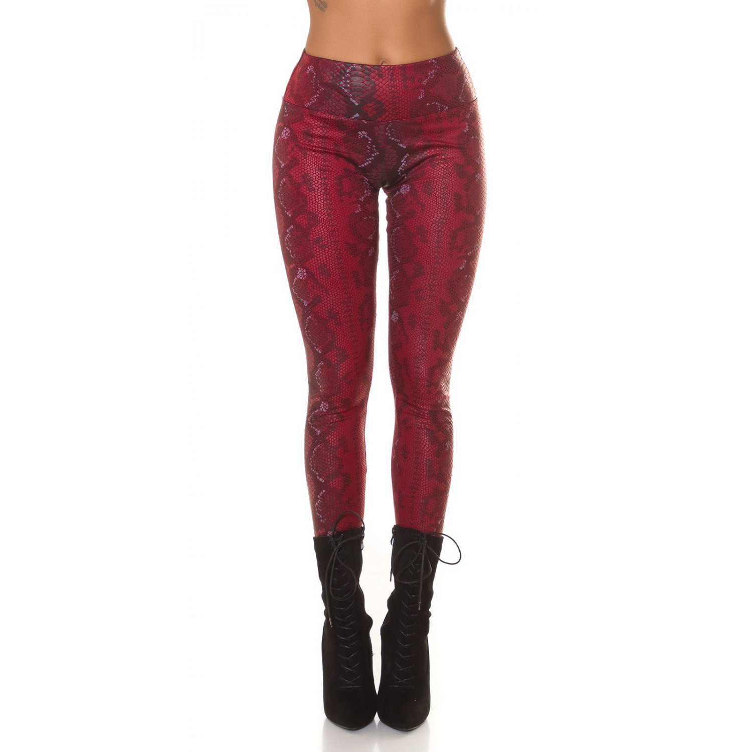 Colanti dama animal print snake, piele eco, rosii, cu talia inalta ...