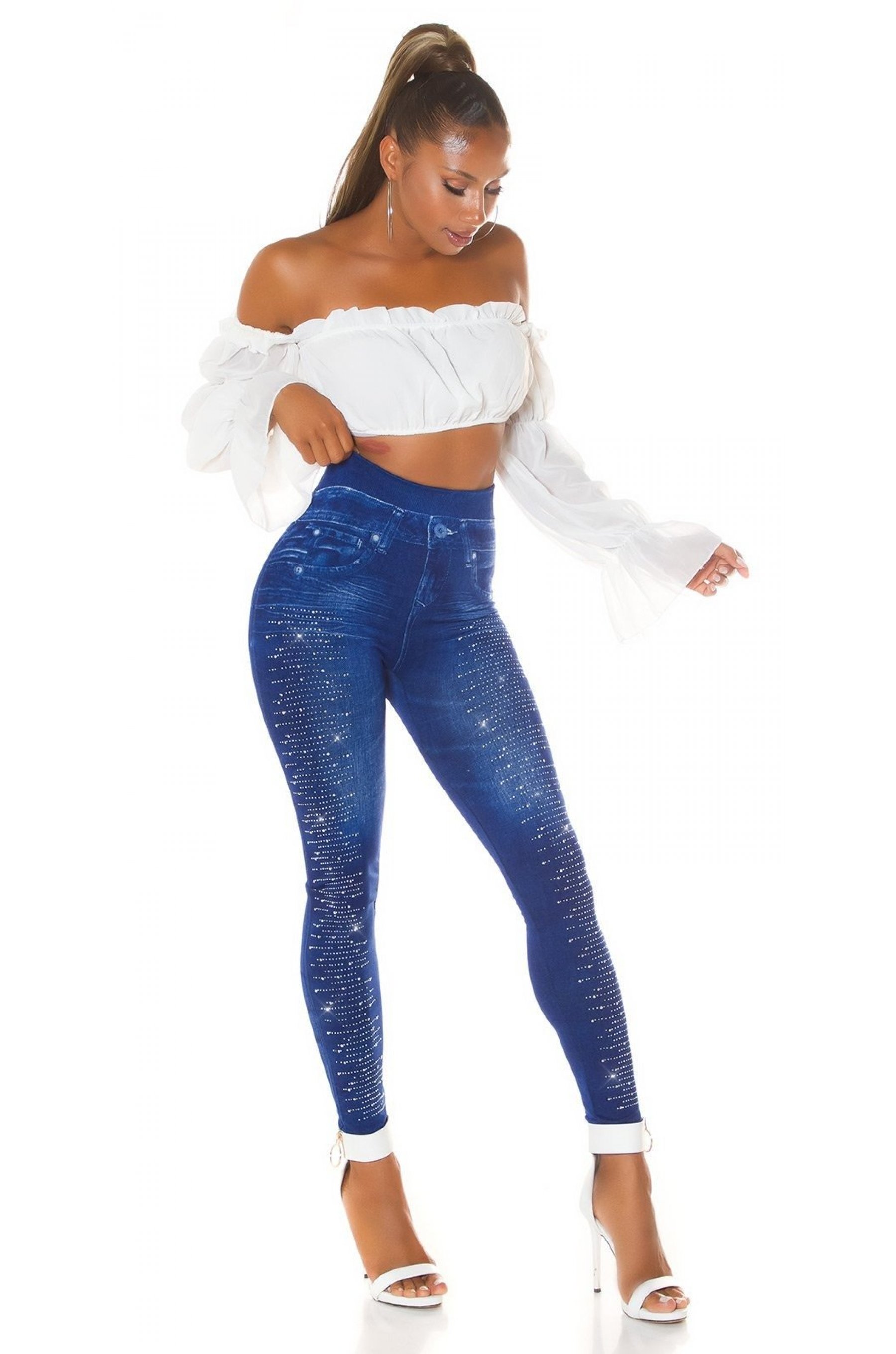 Colanti dama cu aspect de blugi, albastri, mulati, cu glitter, Zaylin ...