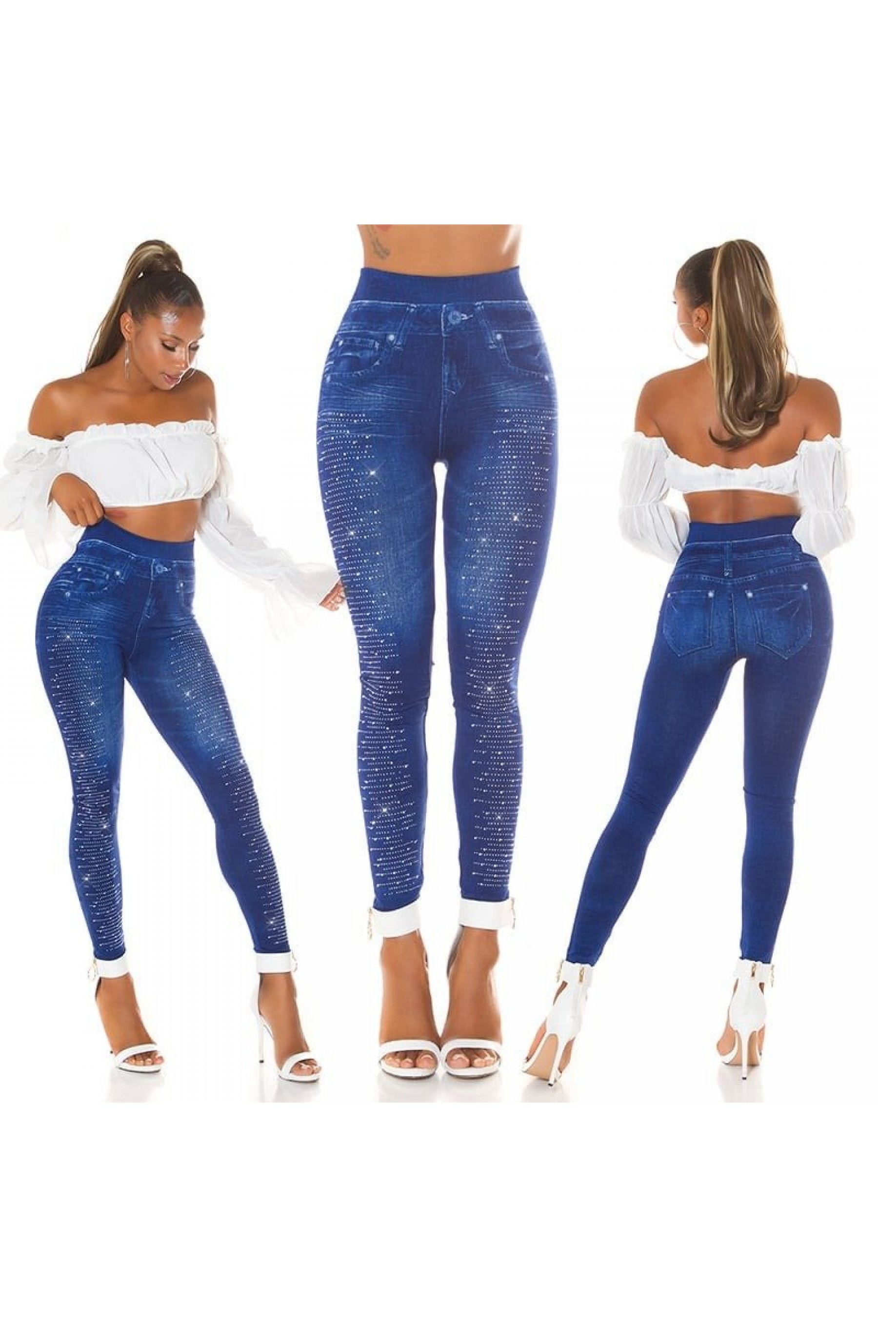 Colanti dama cu aspect de blugi, albastri, mulati, cu glitter, Zaylin ...