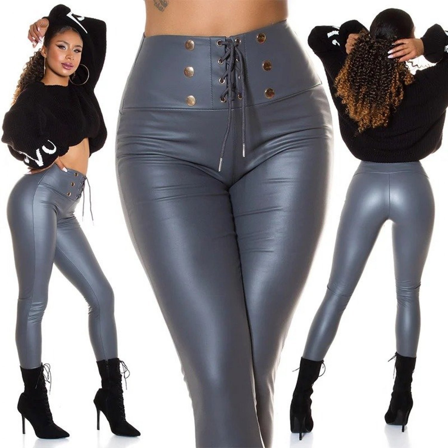 Colanti dama termici piele eco gri cu talia inalta Cindy - JojoFashion.ro