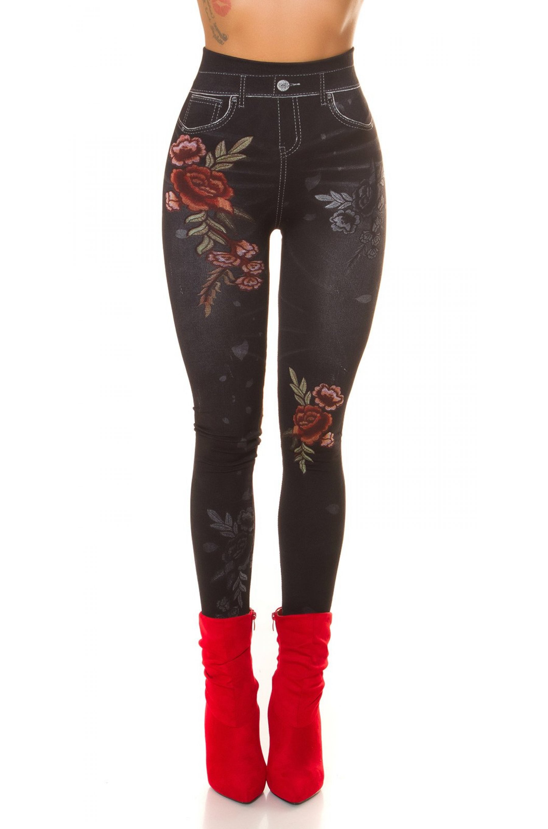Jeggings skinny negri mulati cu flori rosii Alzira - JojoFashion.ro