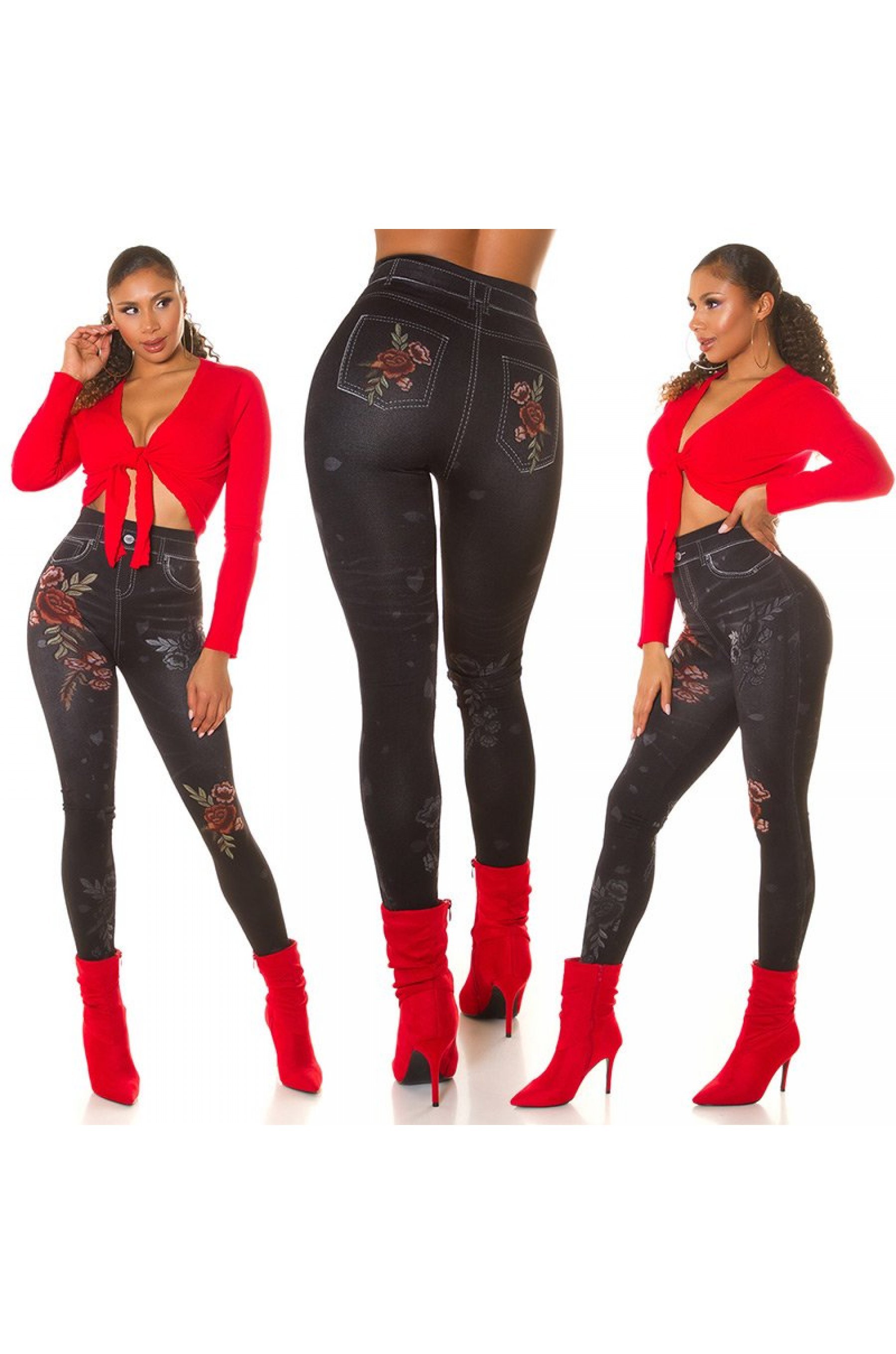 Jeggings skinny negri mulati cu flori rosii Alzira - JojoFashion.ro