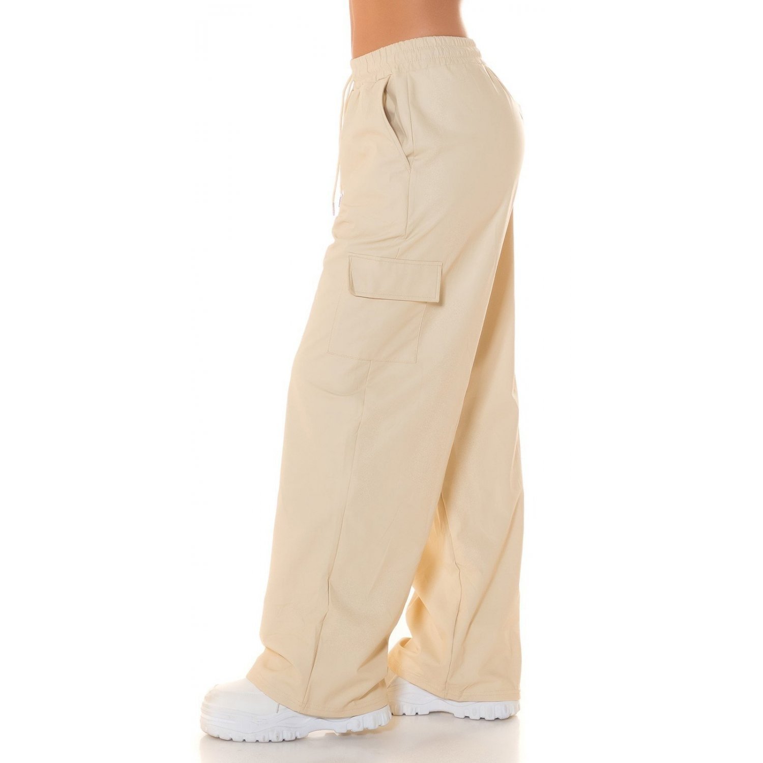 Pantaloni dama cargo, bej, imitatie piele, Asly - JojoFashion.ro